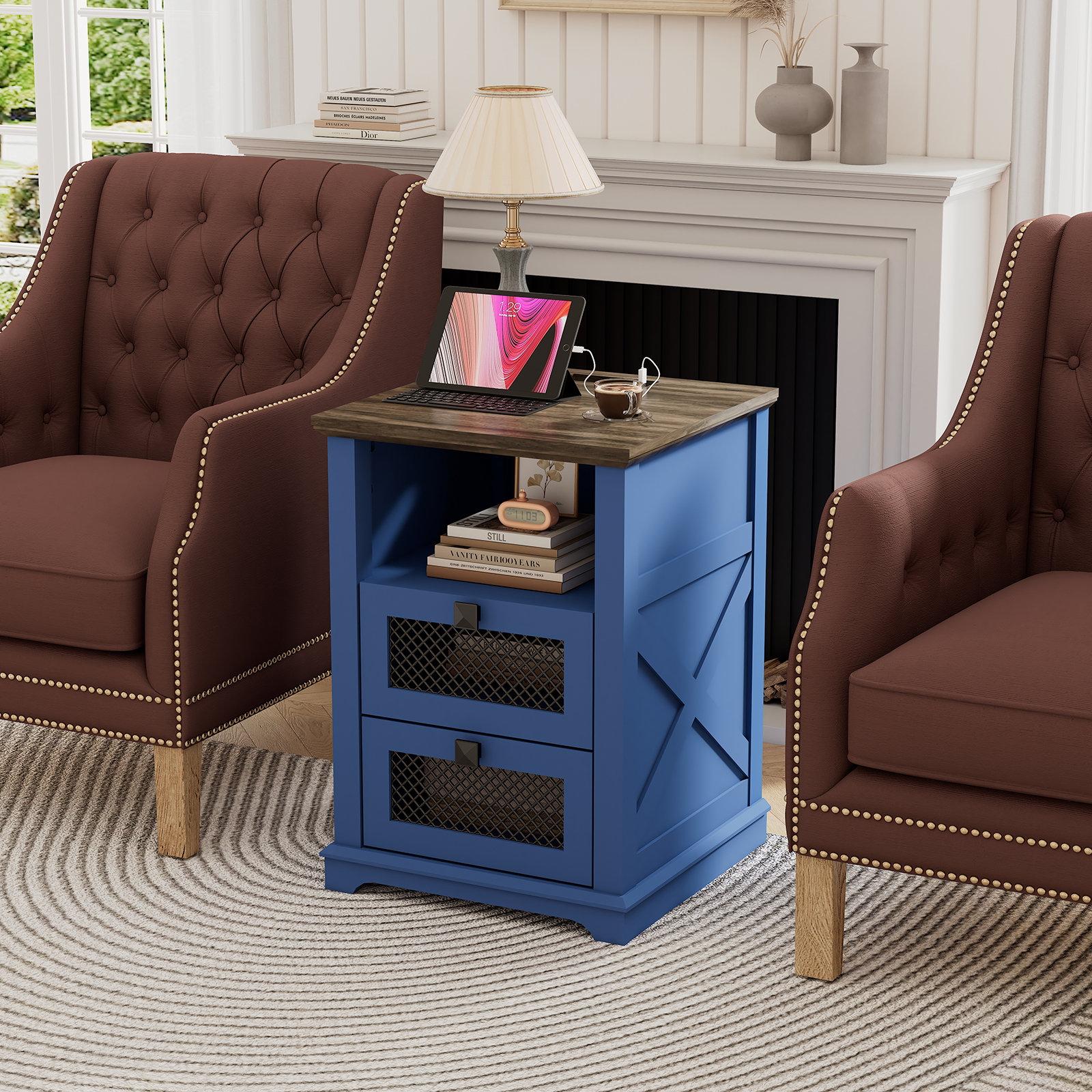 Gracie Oaks Farmhouse 2 Drawer Wood End Table, Small Side Table ...