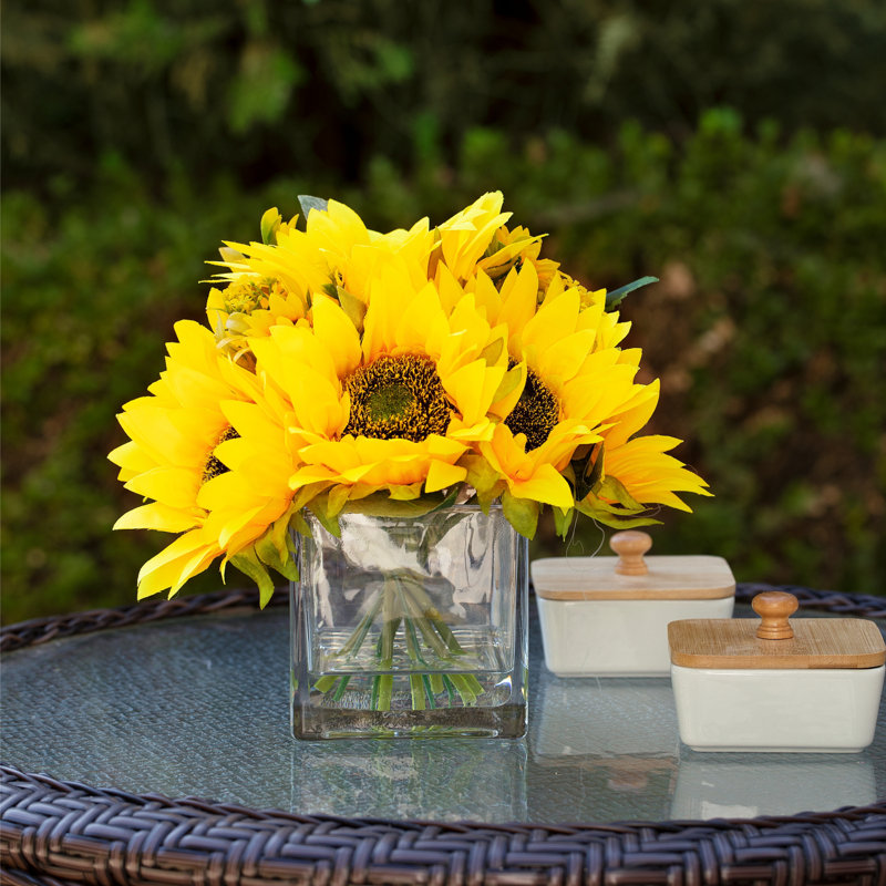 Primrue Sunflowers Arrangement in Glass Vase | Wayfair