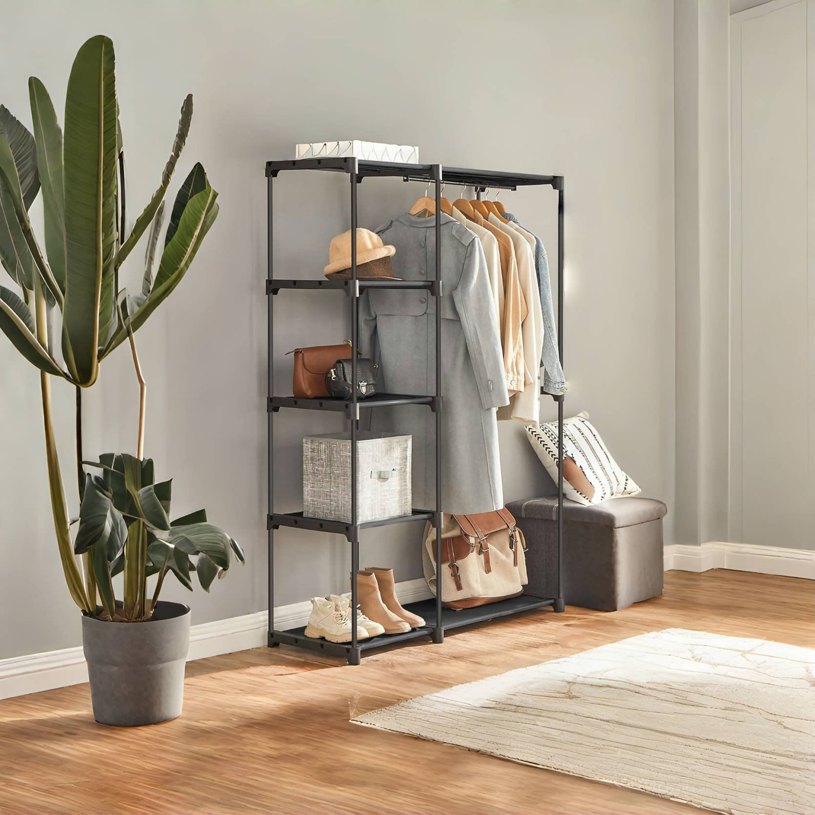 Rebrilliant Freestanding Portable Closet with Shelves & Hanging Rods ...
