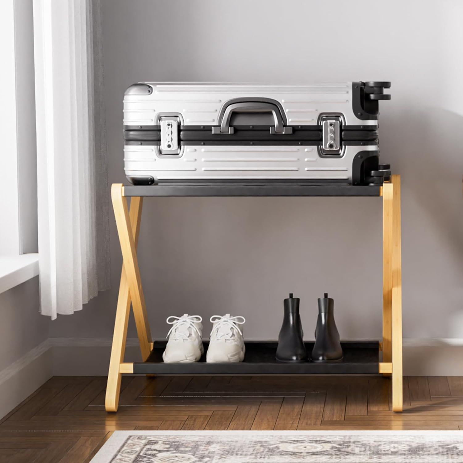caimen Bamboo Folding Luggage Rack With Double Storage Shelves, Sturdy ...
