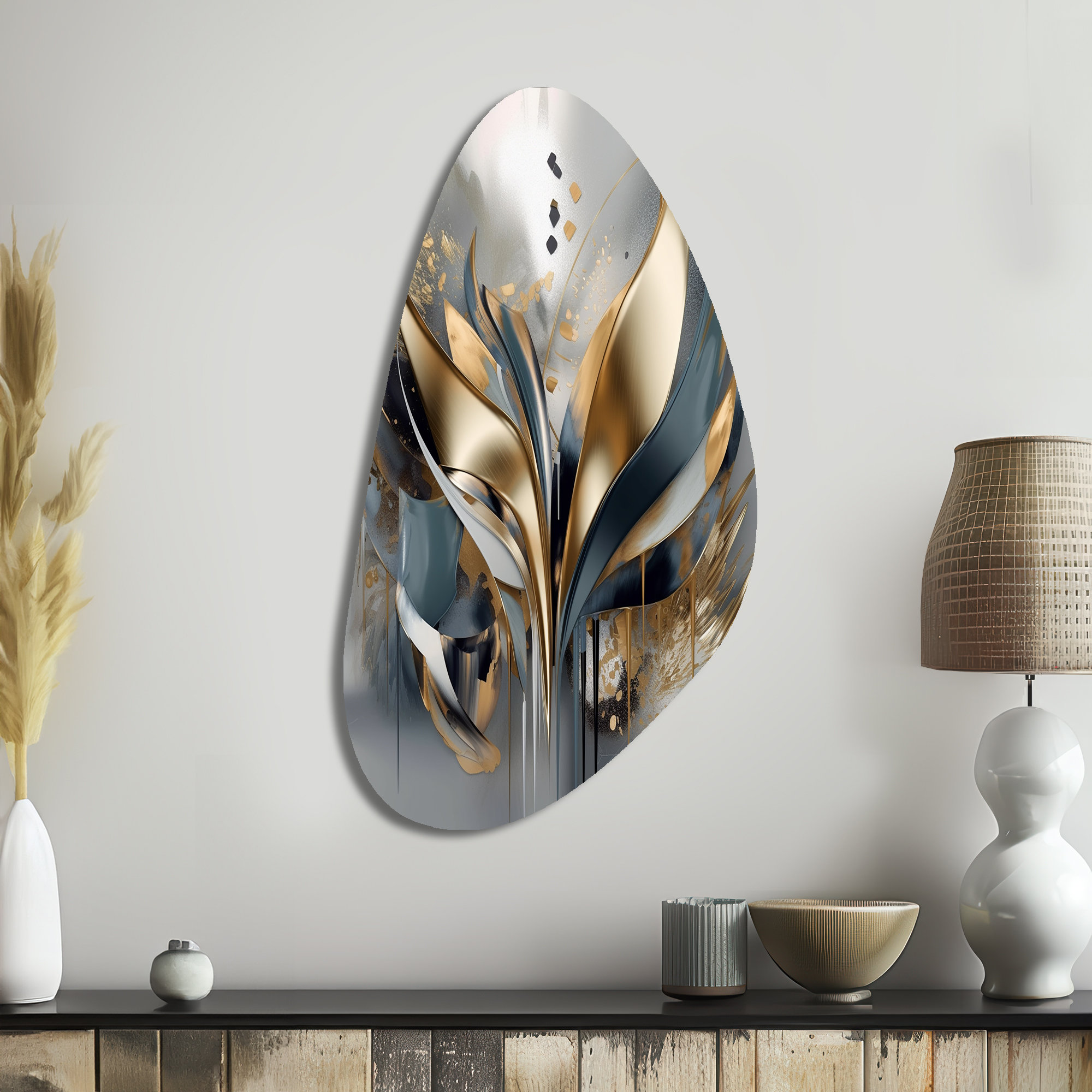 Design Art Abstract Shapes And Lines IV - Marble Asymmetrical Metal Wall Decor, Gold Unique ...