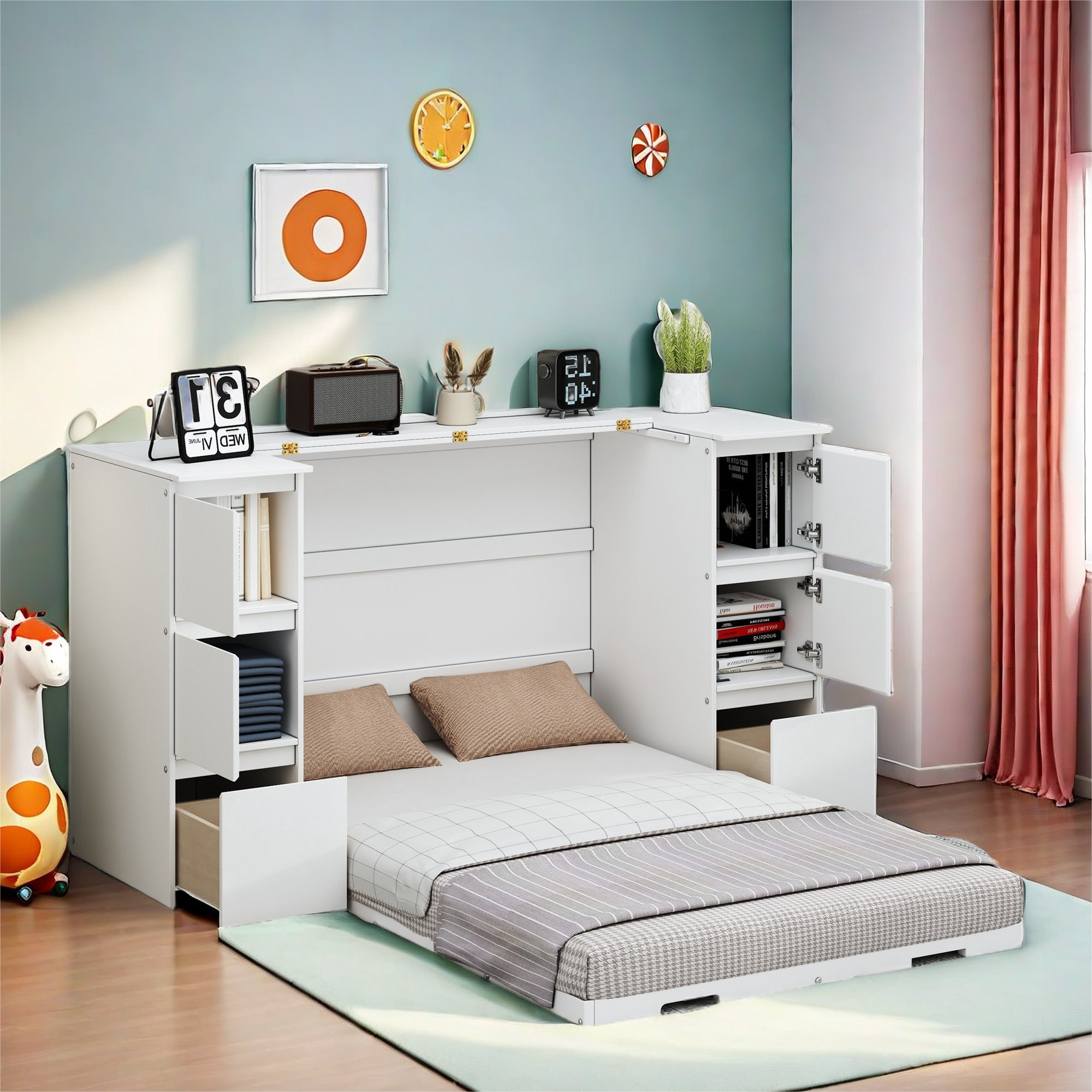 Red Barrel Studio® Sello Murphy Bed with Drawers, Cabinets, USB Ports ...