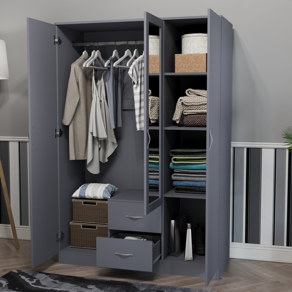 17 Stories Maybery 3 Door 2 Drawer Mirrored Wardrobe, With Shelf ...