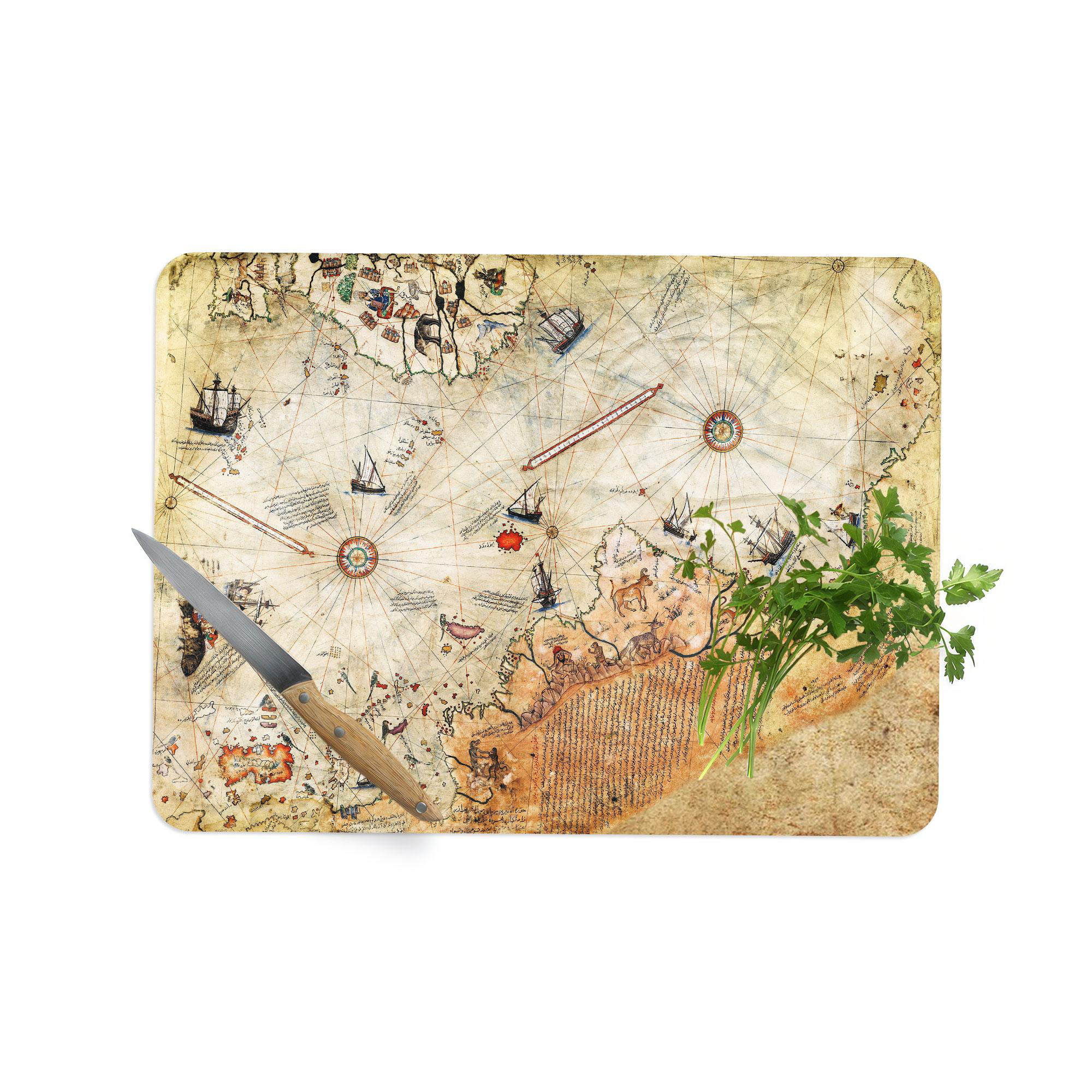 kayra export Vintage Piri Reis Map Print on Glass Serving and Chopping ...