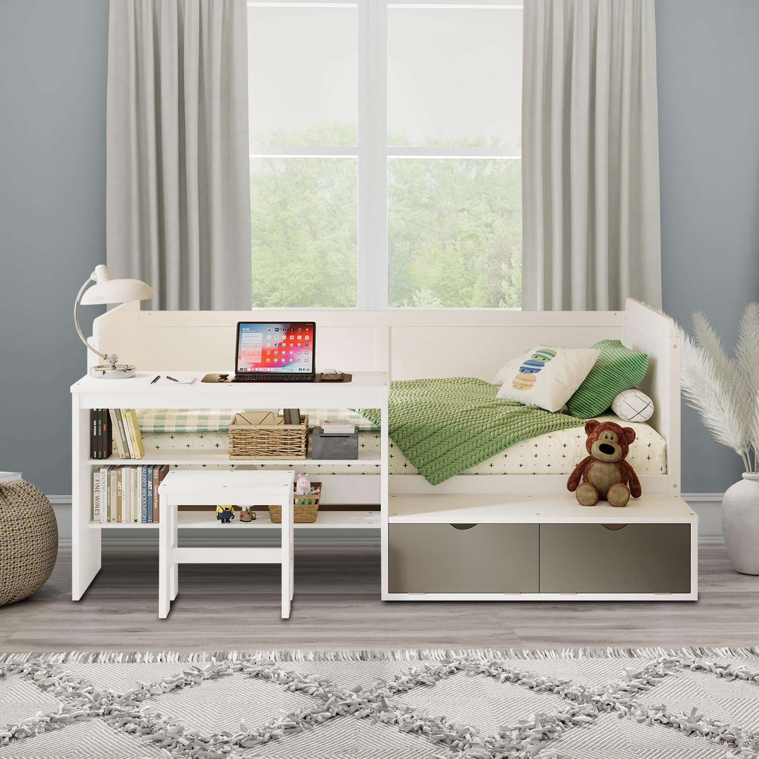 Lark Manor Versatile daybed frame with open storage and drop-down cabinets, a stool for bedrooms ...