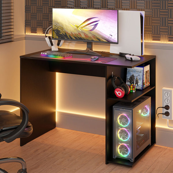 Latitude Run® Compact Gaming Computer Desk with 2 Shelves, Cable ...