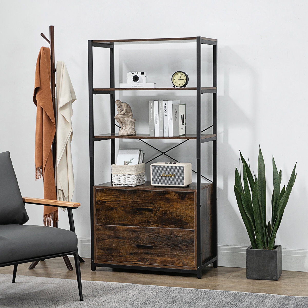 17 Stories Industrial Bookcase With File Cabinet Drawers | Wayfair