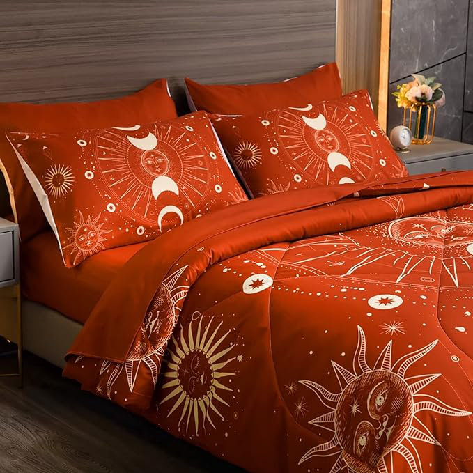DANTUL Orange Comforter Set Boho Bedding Witchy Bedding Celestial Bedding Starry Galaxy ...