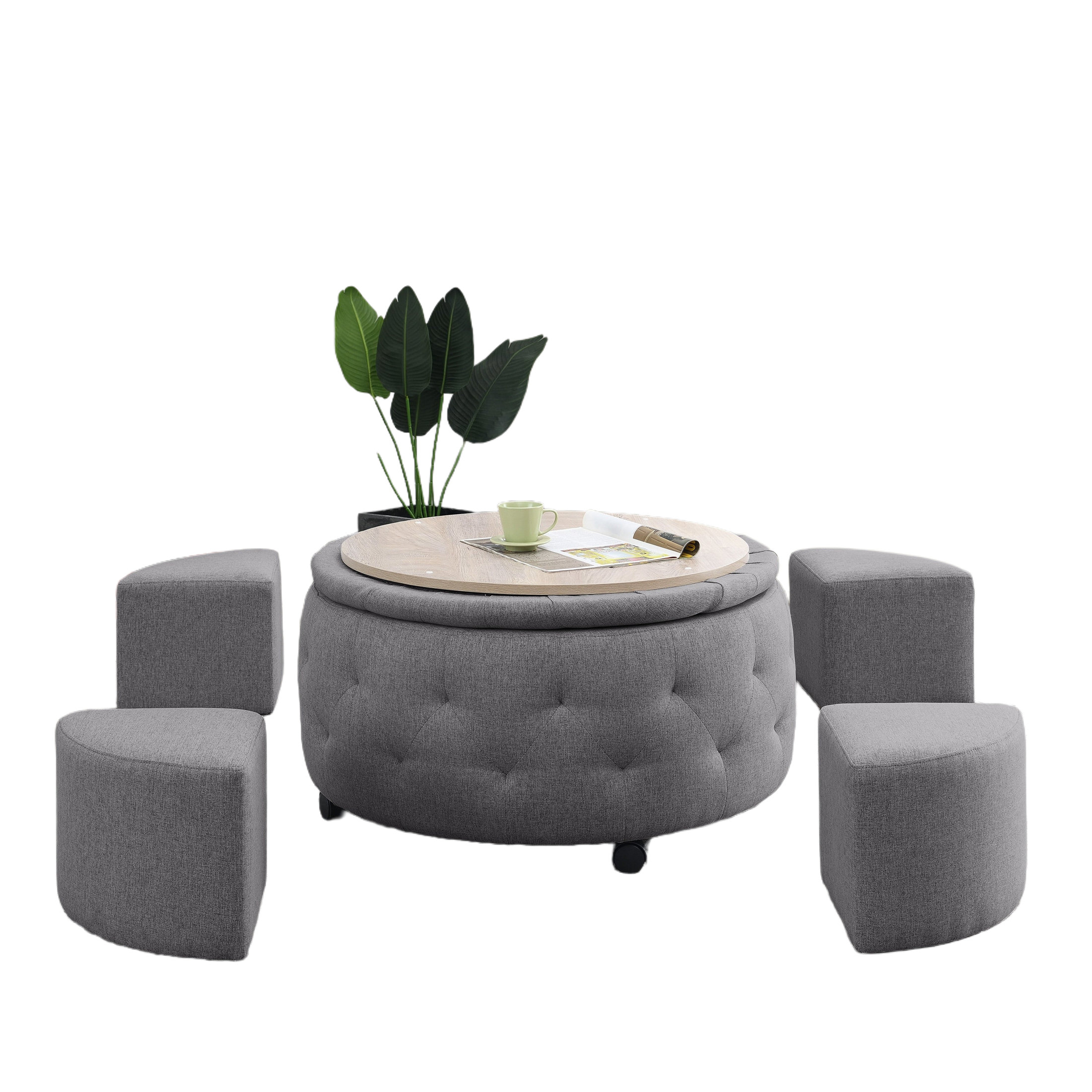 Latitude Run® Round Rolling Storage Ottoman with Reversible Tray Top ...