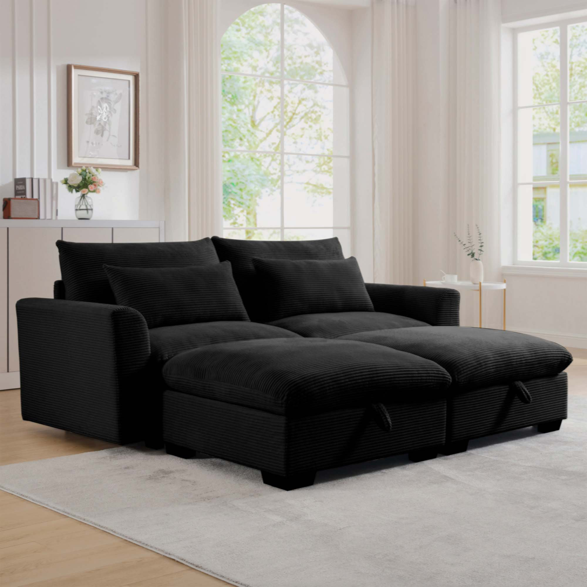 Everly Quinn Corduroy Two-Seater Sofa With 2 Storage Footrest,2 Seater ...
