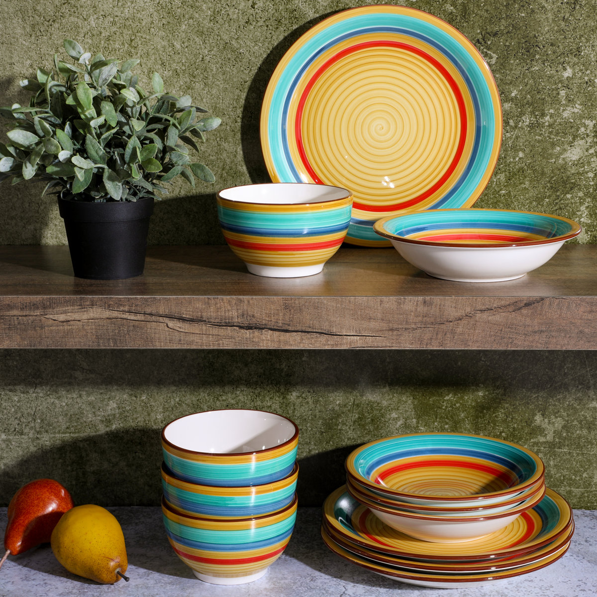 Gibson Home Rainbow 12 Piece Hand-Painted Stoneware Dinnerware Set ...