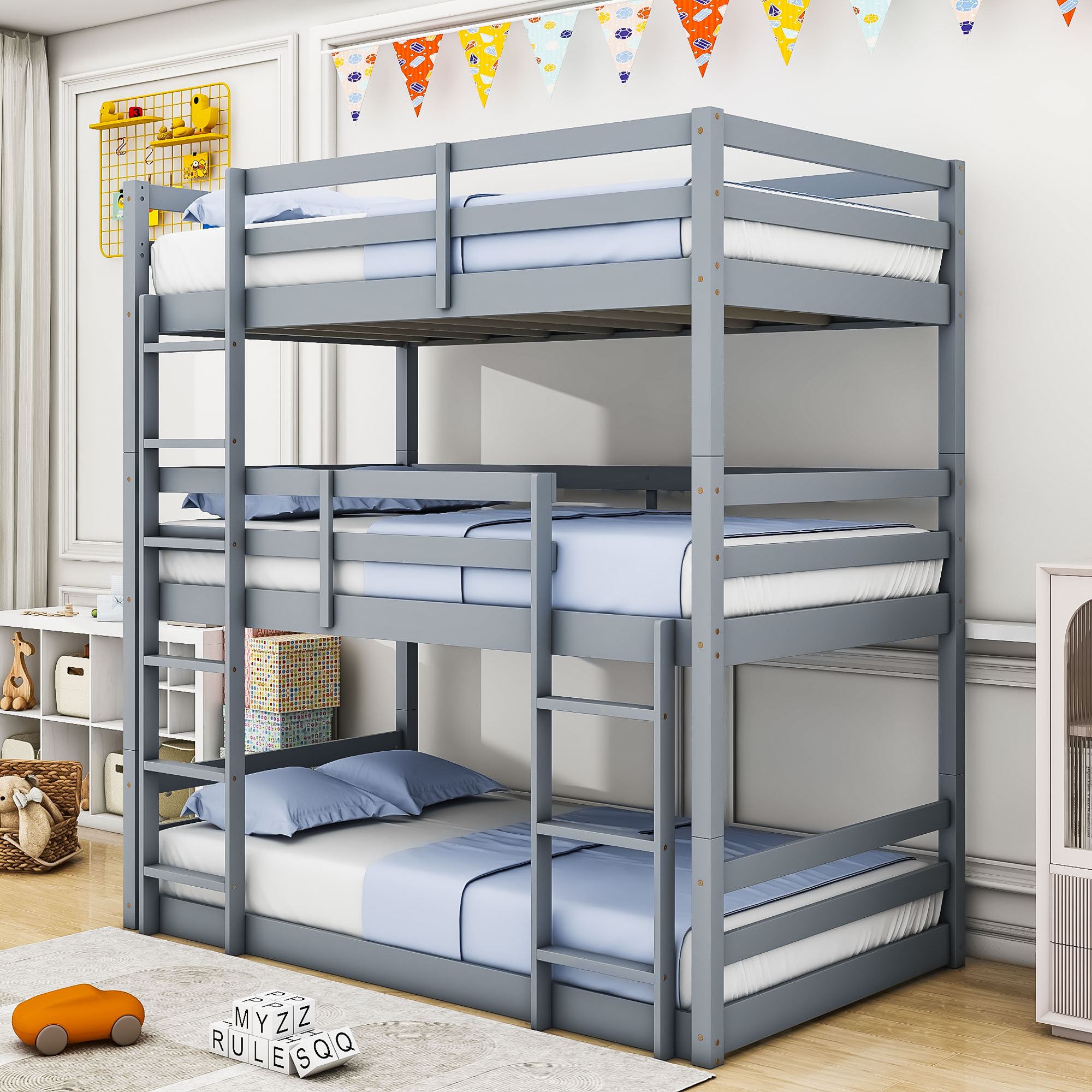 Harriet Bee Wood Triple Bunk Bed With Two Built-In Ladders And ...