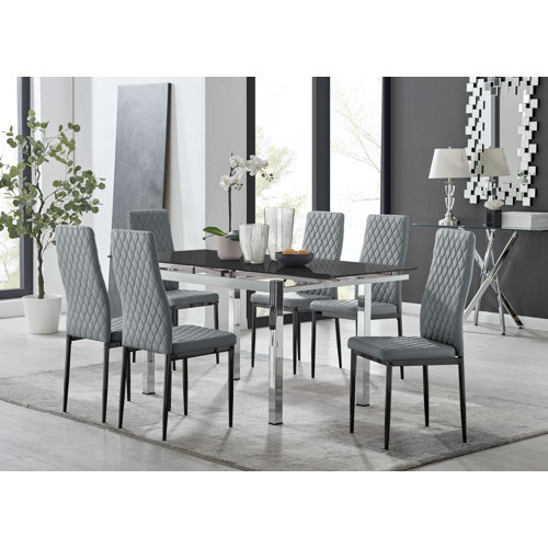 East Urban Home Tierra Modern Glass & Metal Extendable Dining Table Set ...