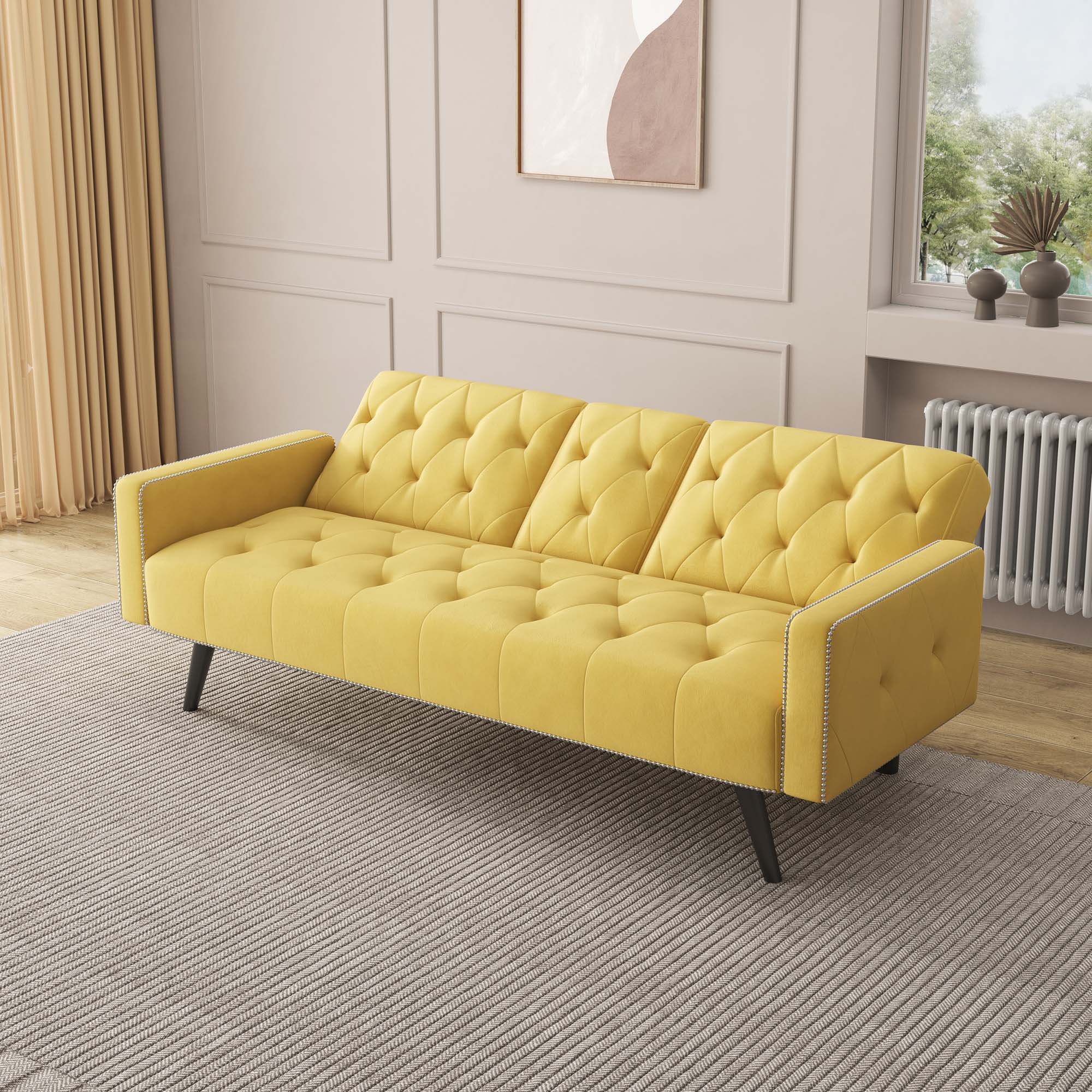 House of Hampton® Compact Yellow Velvet Sofa Bed With Nailhead Trim ...