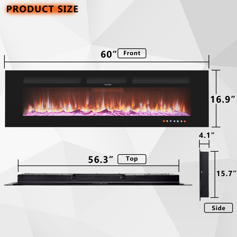 Symple Stuff 60" Electric Fireplace, Recessed & Wall Mounted Electric ...