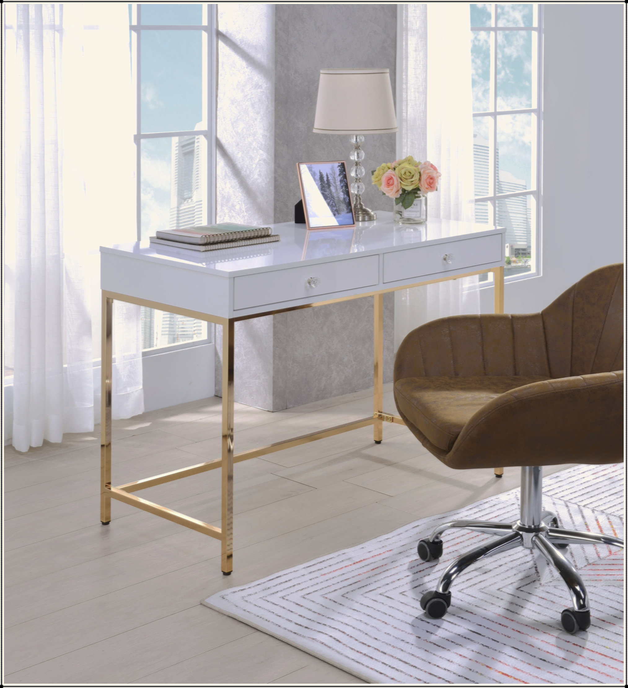 Mercer41 White High Gloss & Gold Finish Vanity Desk - Wayfair Canada