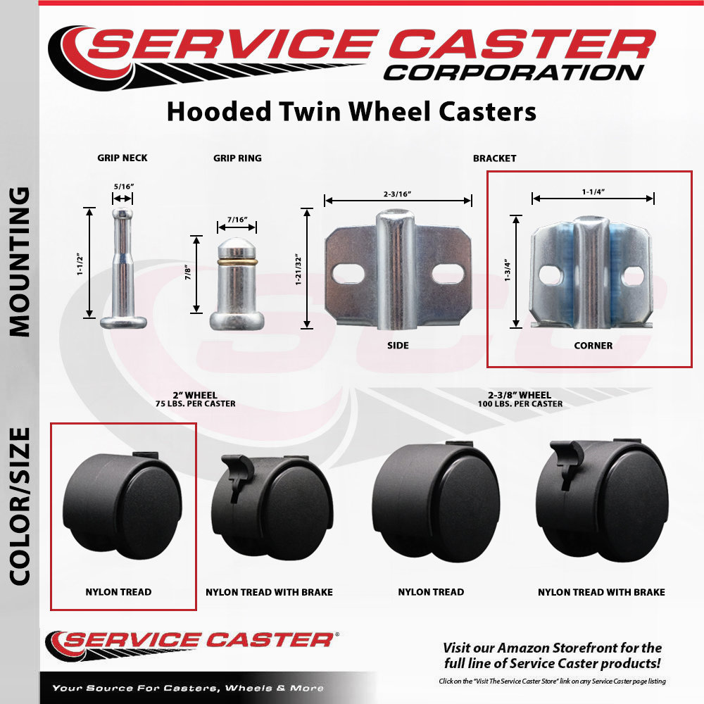 Service Caster Nylon Twin Wheels with Corner Mounting Bracket - Set of ...