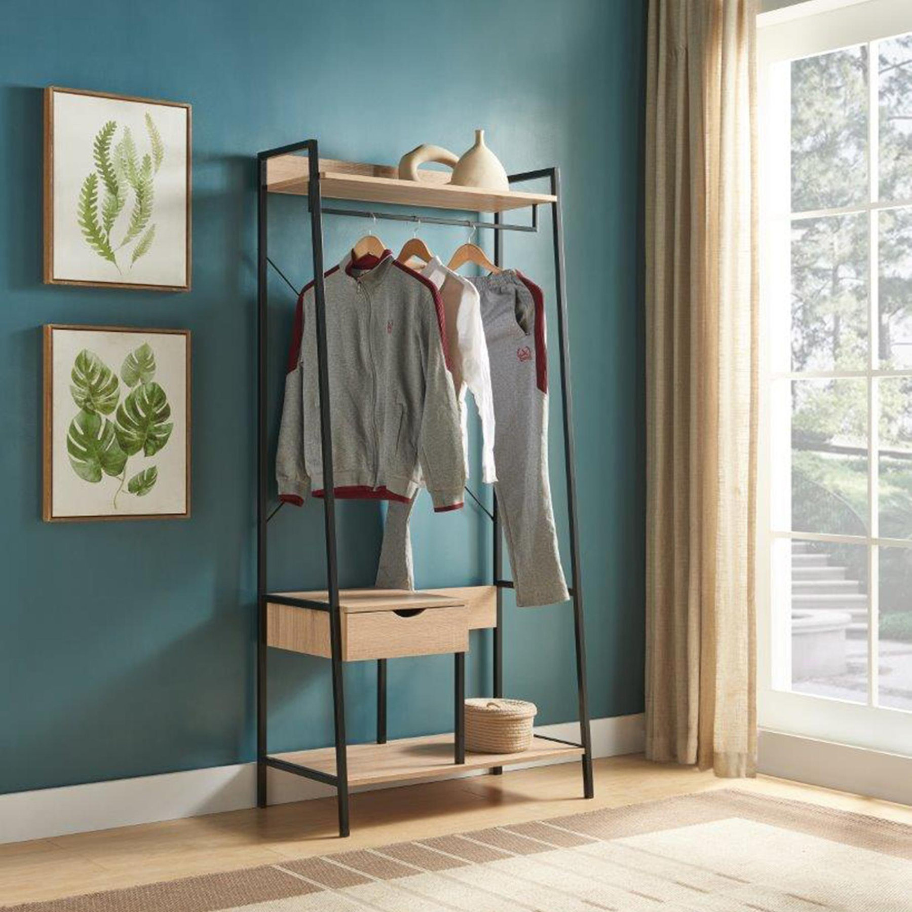 17 Stories Metal Clothes Rack Open Wardrobe Free Standing with One ...