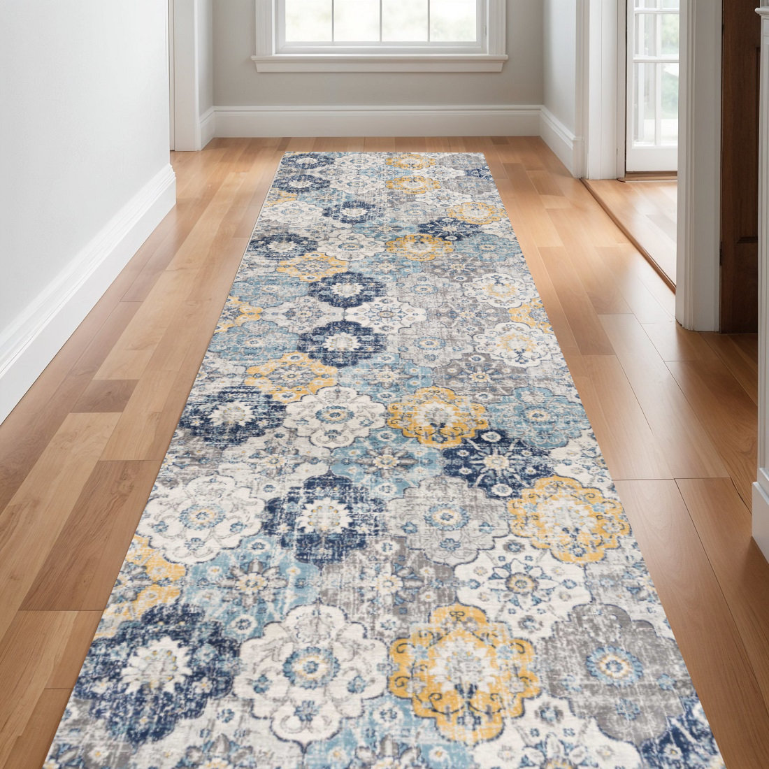 Bungalow Rose 14' Blue Gray And Gold Floral Medallion Runner Rug | Wayfair