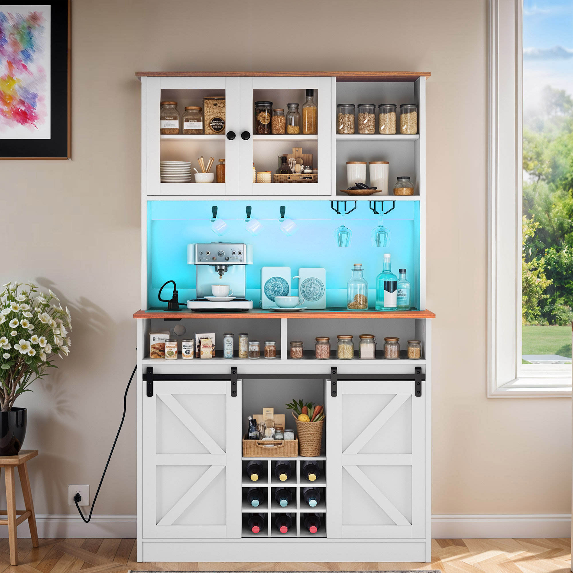 Gracie Oaks 72 inches Pantry Cabinet Coffee Bar Cabinet With Wine Rack ...