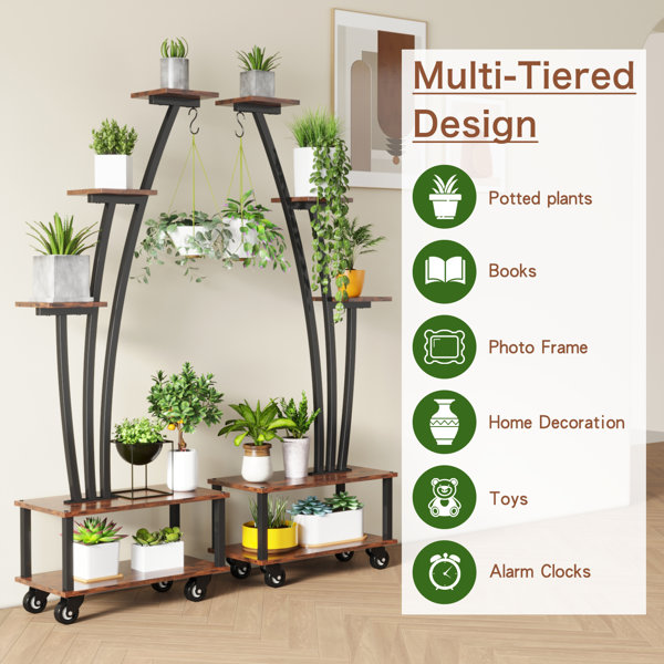 17 Stories 5-tiered Indoor Metal Curved Plant Stand With Hooks And ...