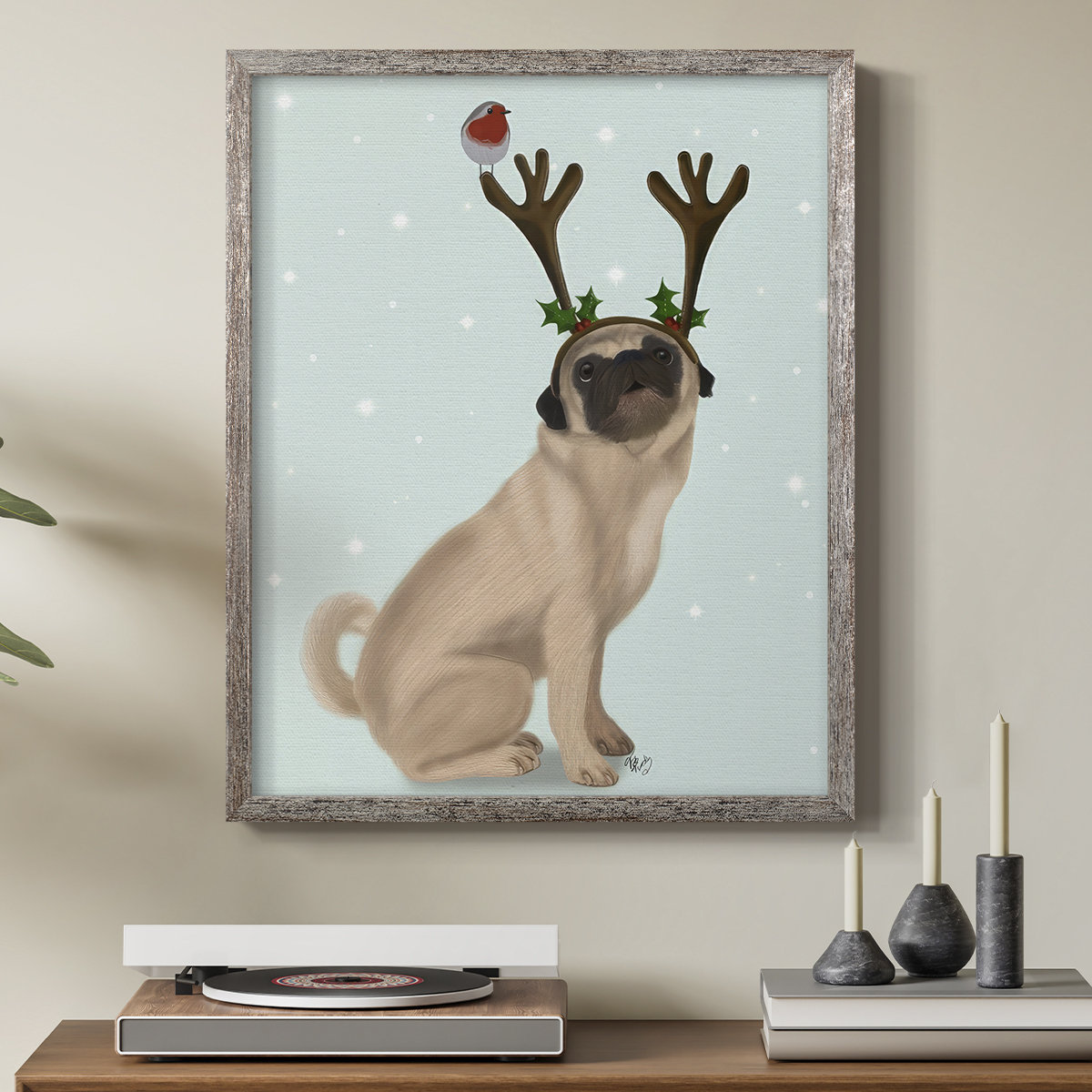 Ophelia & Co. Christmas Pug with Antlers and Robin Framed Print - Solid ...