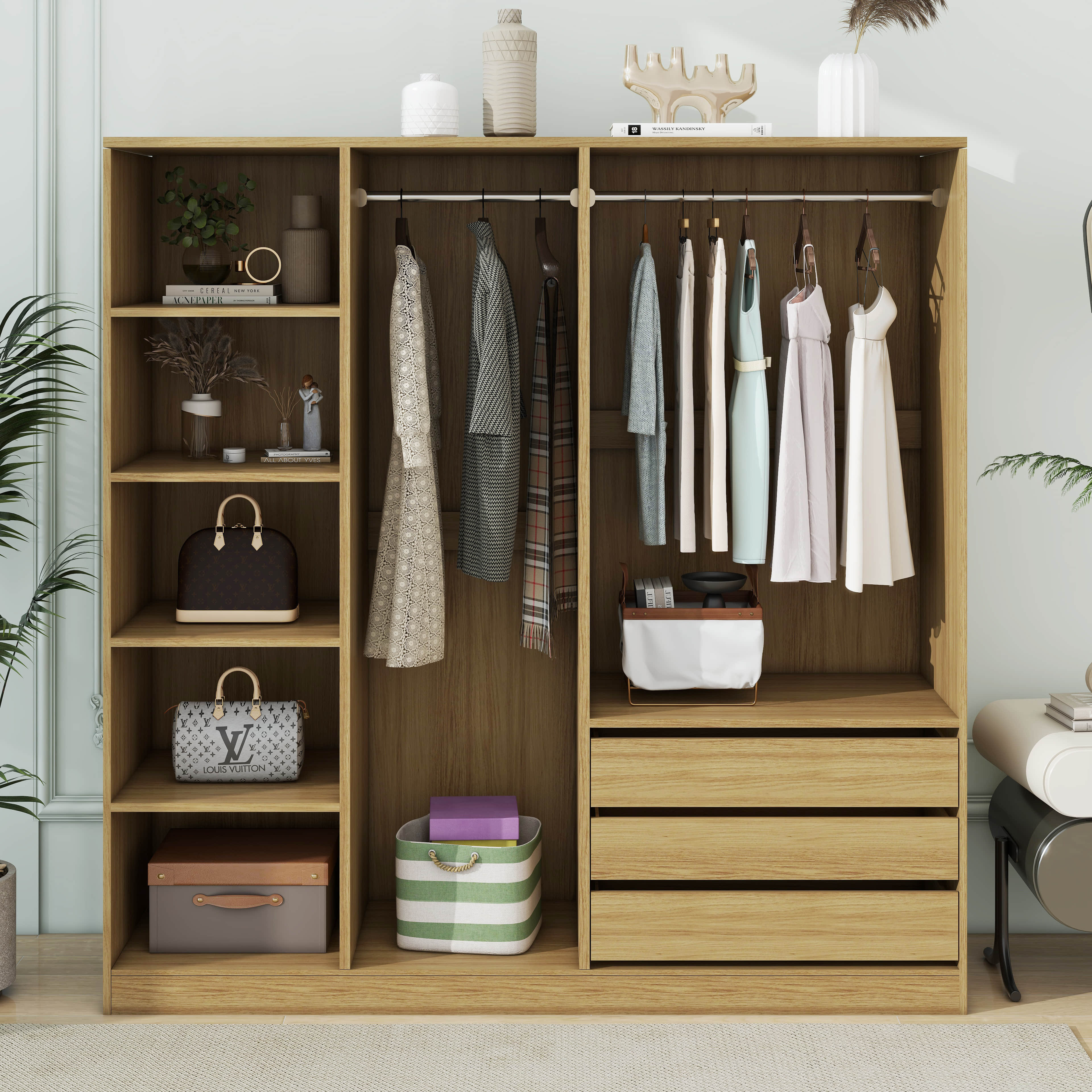 Latitude Run® Stylish Doorless Wooden Storage Wardrobe With Shelves And ...