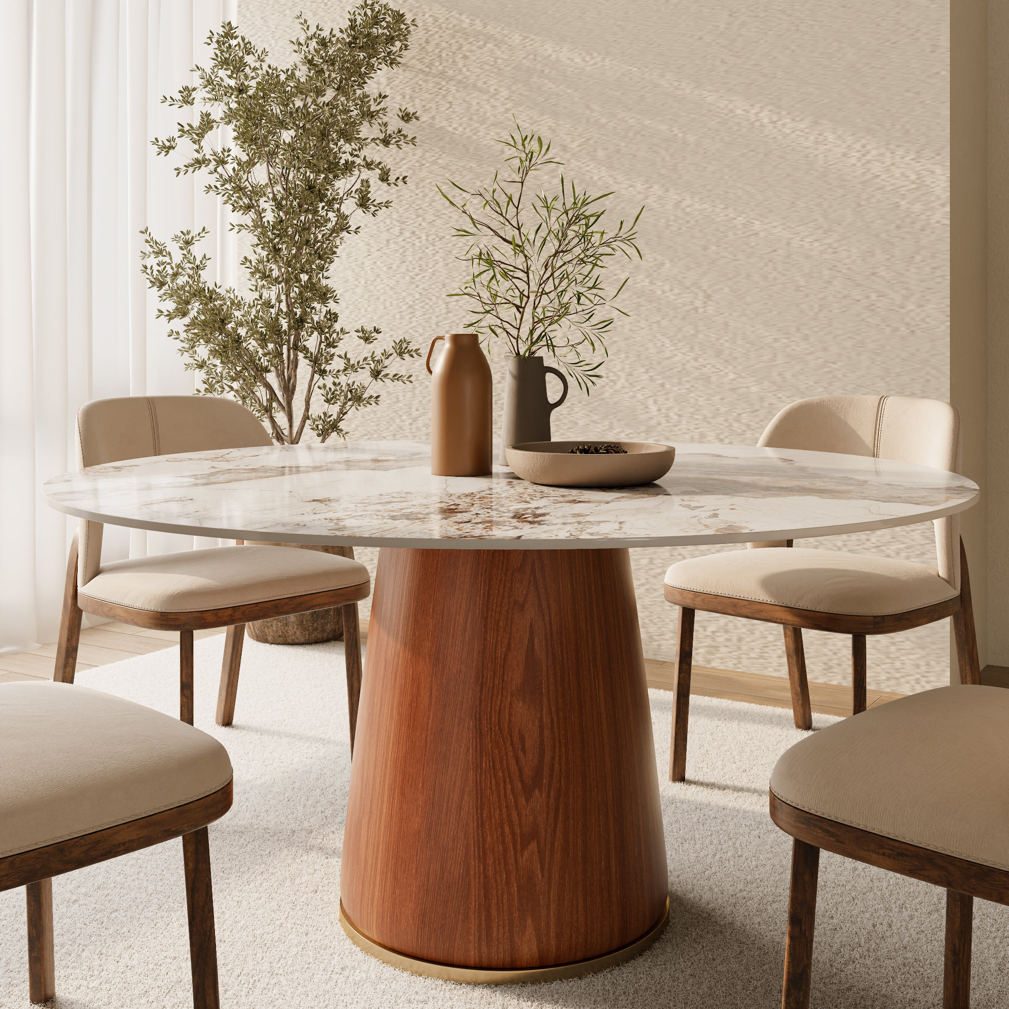 Ivy Bronx Round Glossy Stone Top Dining Table - Pedestal Base Farmhouse ...