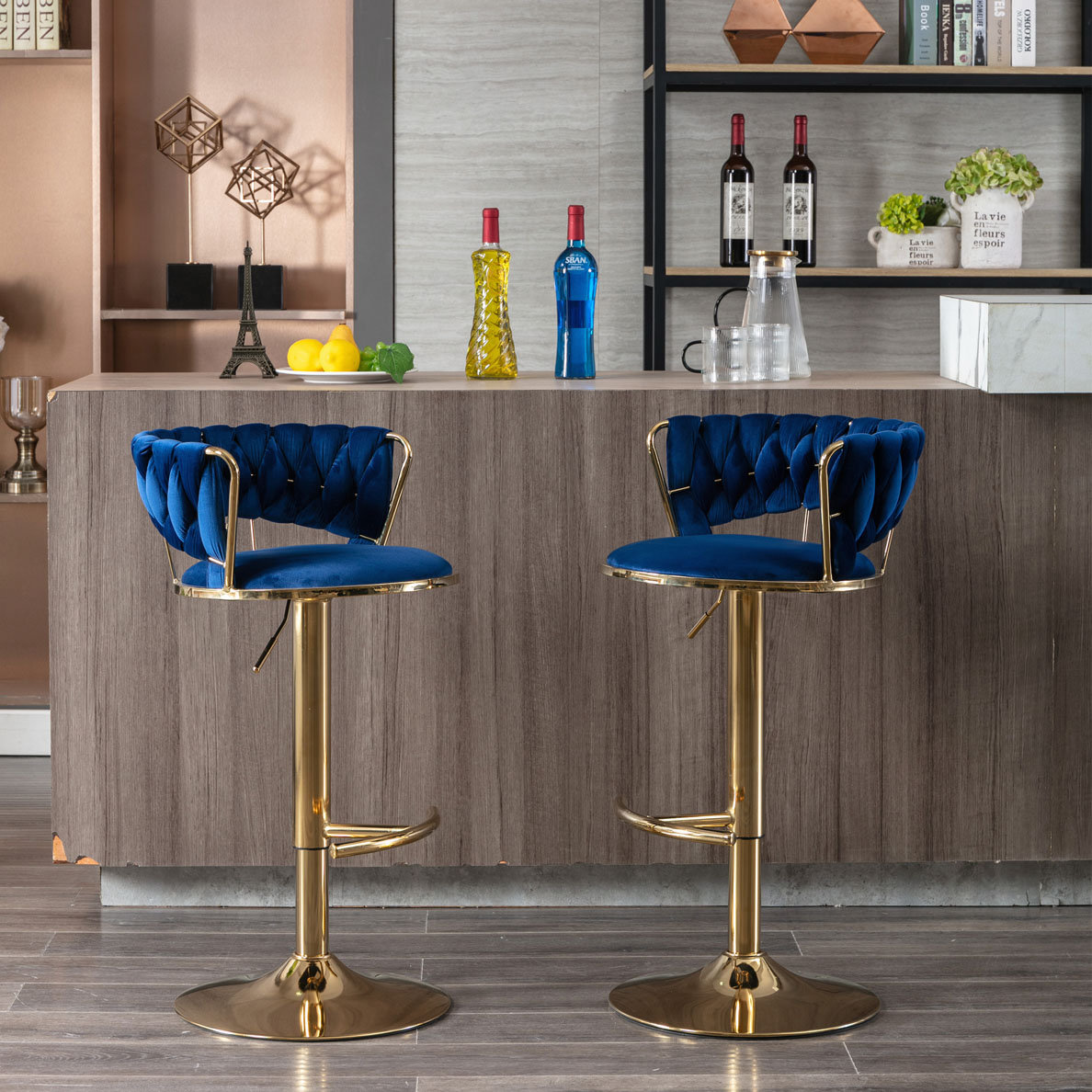 Mercer41 Swivel Height Adjustable Mechanical Lifting Velvet Bar Stools ...