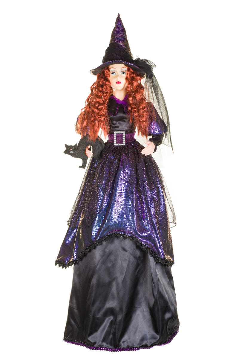 The Holiday Aisle® Sparkly Violet Fabric Witch Figure with Scaredy Cat ...