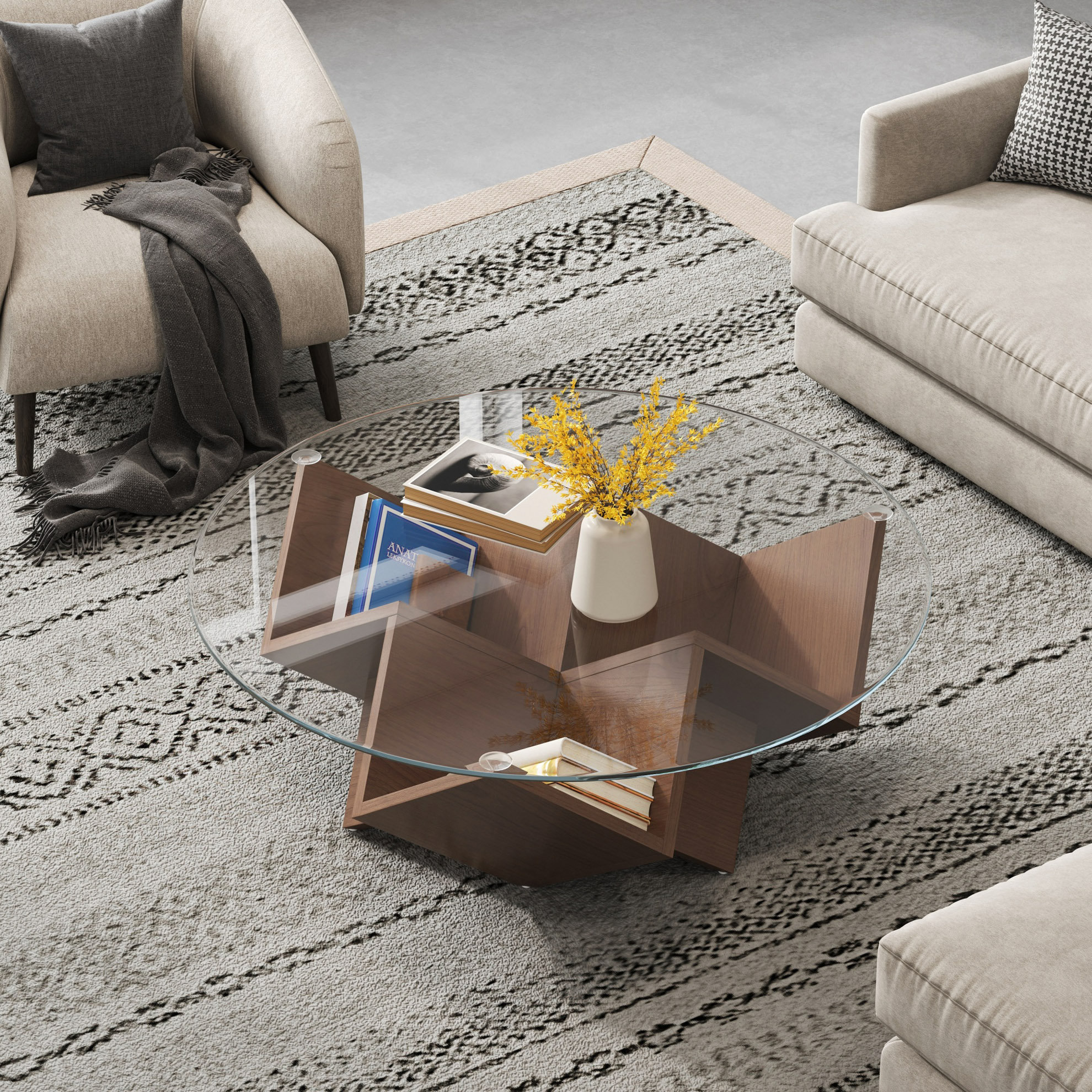Latitude Run® The Round Coffee Table With Glass Top And Geometric ...