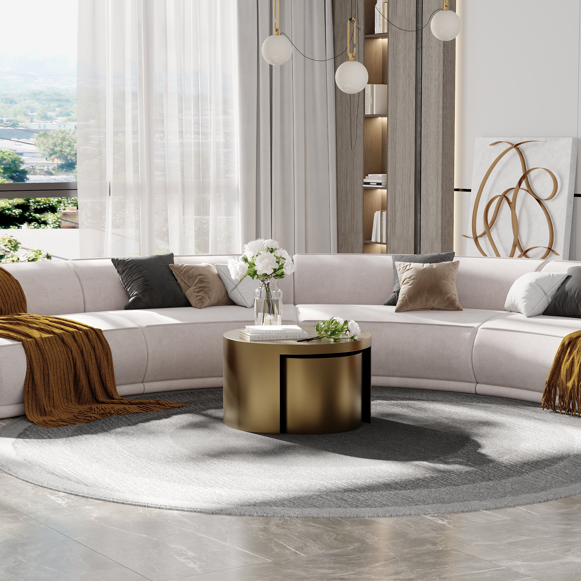 Mercer41 Brushed Gold Round Nesting Coffee Table Living Room Cocktail ...