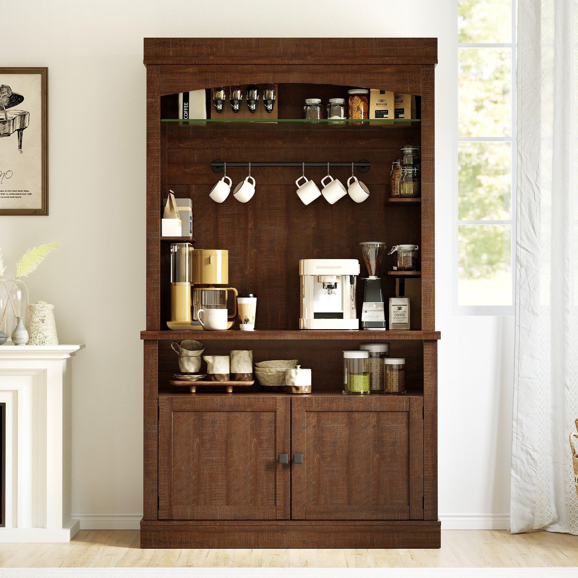 Latitude Run® 72-Inch Tall Coffee Bar Cabinet with Illumination in Wood ...