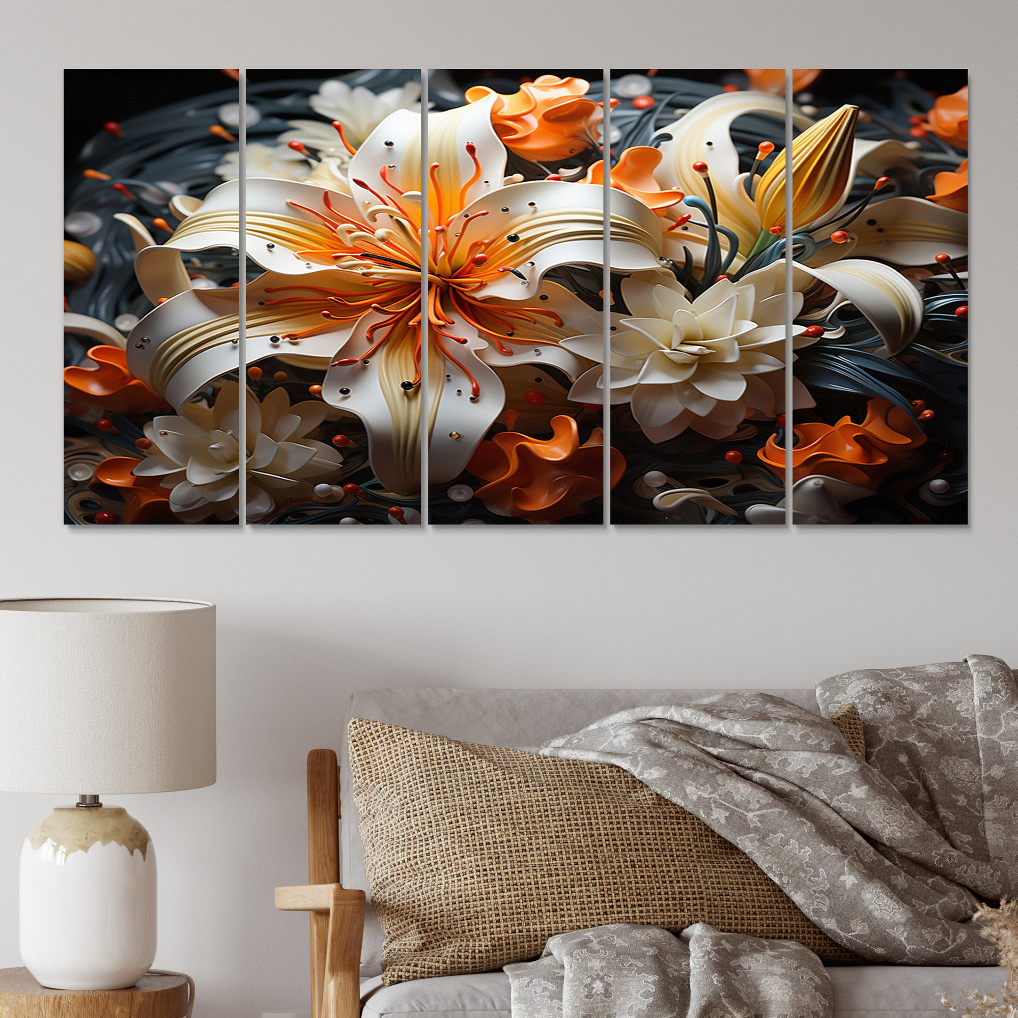 Winston Porter Peach White Lilies Vibrant - Floral Wall Decor - 5 Equal ...