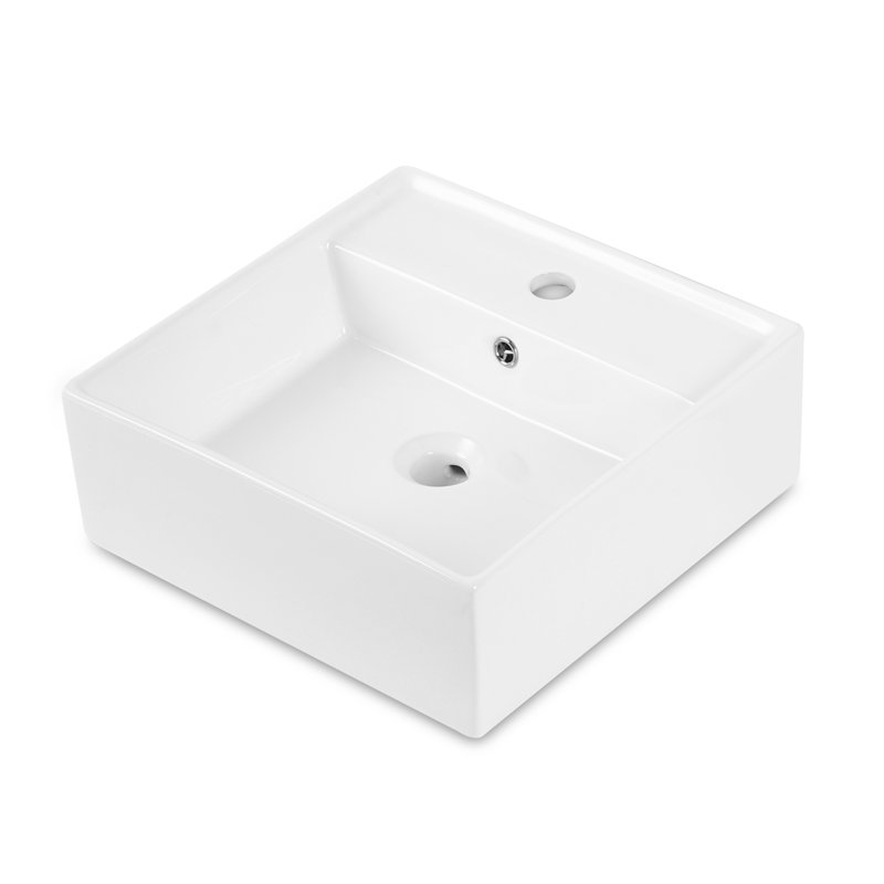 ANDVIN White Porcelain Square Vessel Bathroom Sink with Overflow Hole ...
