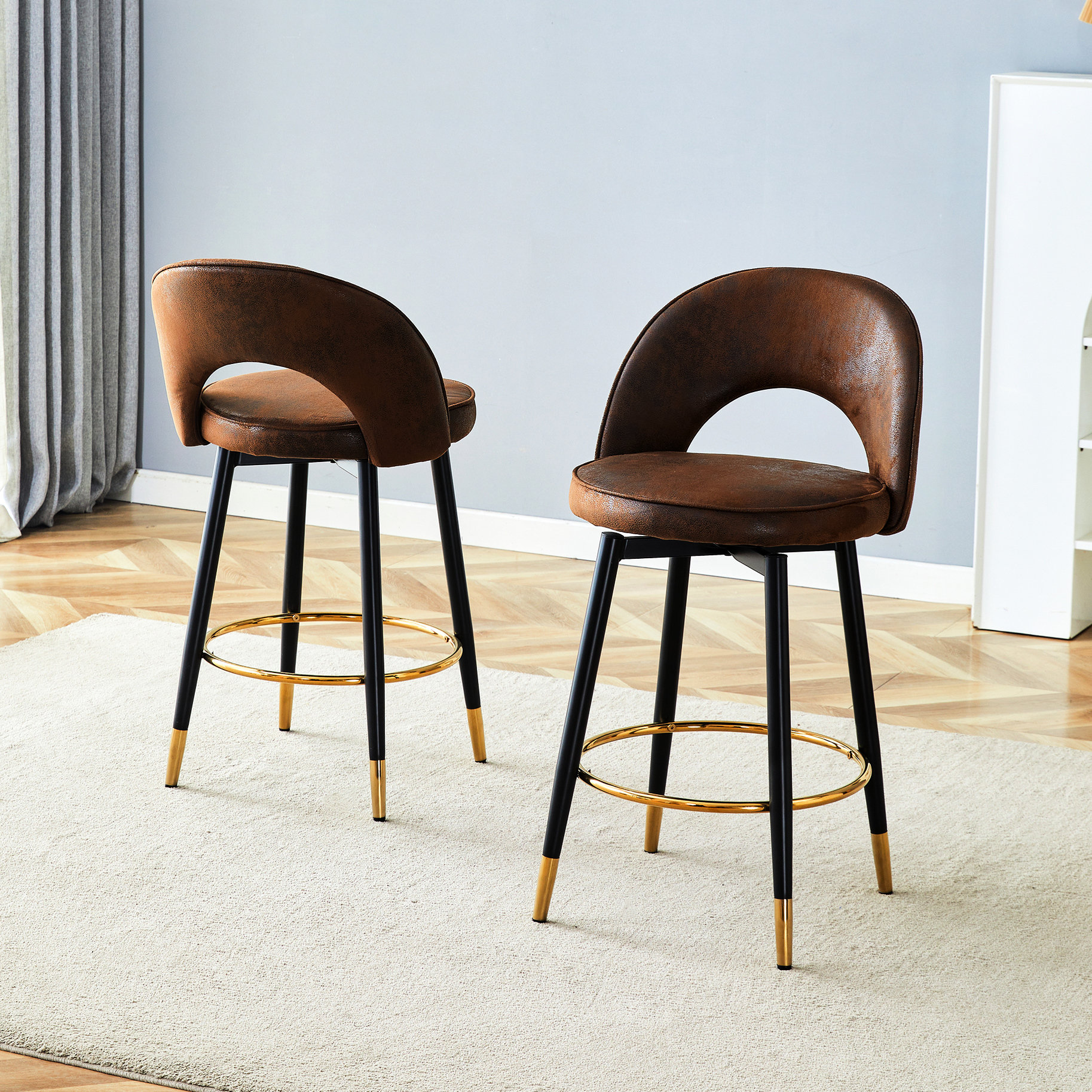Latitude Run® Of 2 Brown - Fabric 360° Rotating Bar Chairs With Black ...