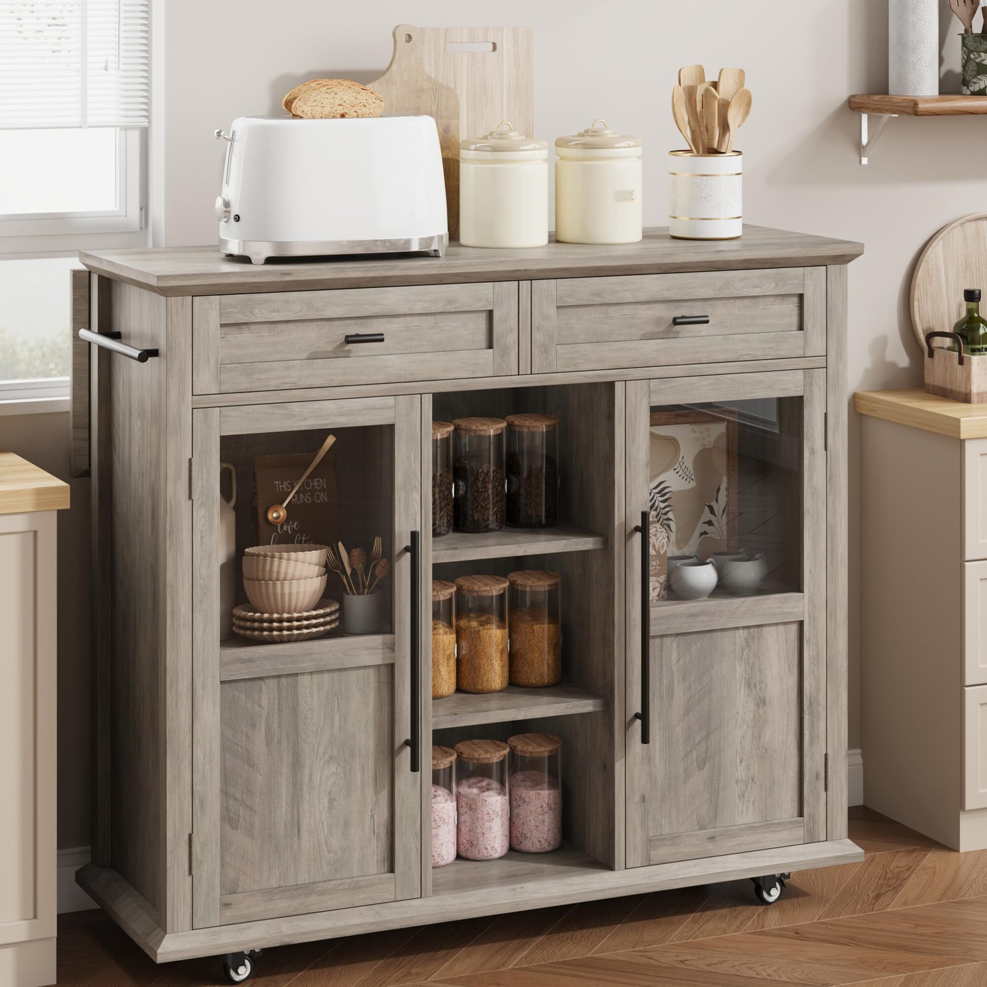 Winston Porter Foldable Kitchen Island Cart With Wheels, 2 Glass Doors ...