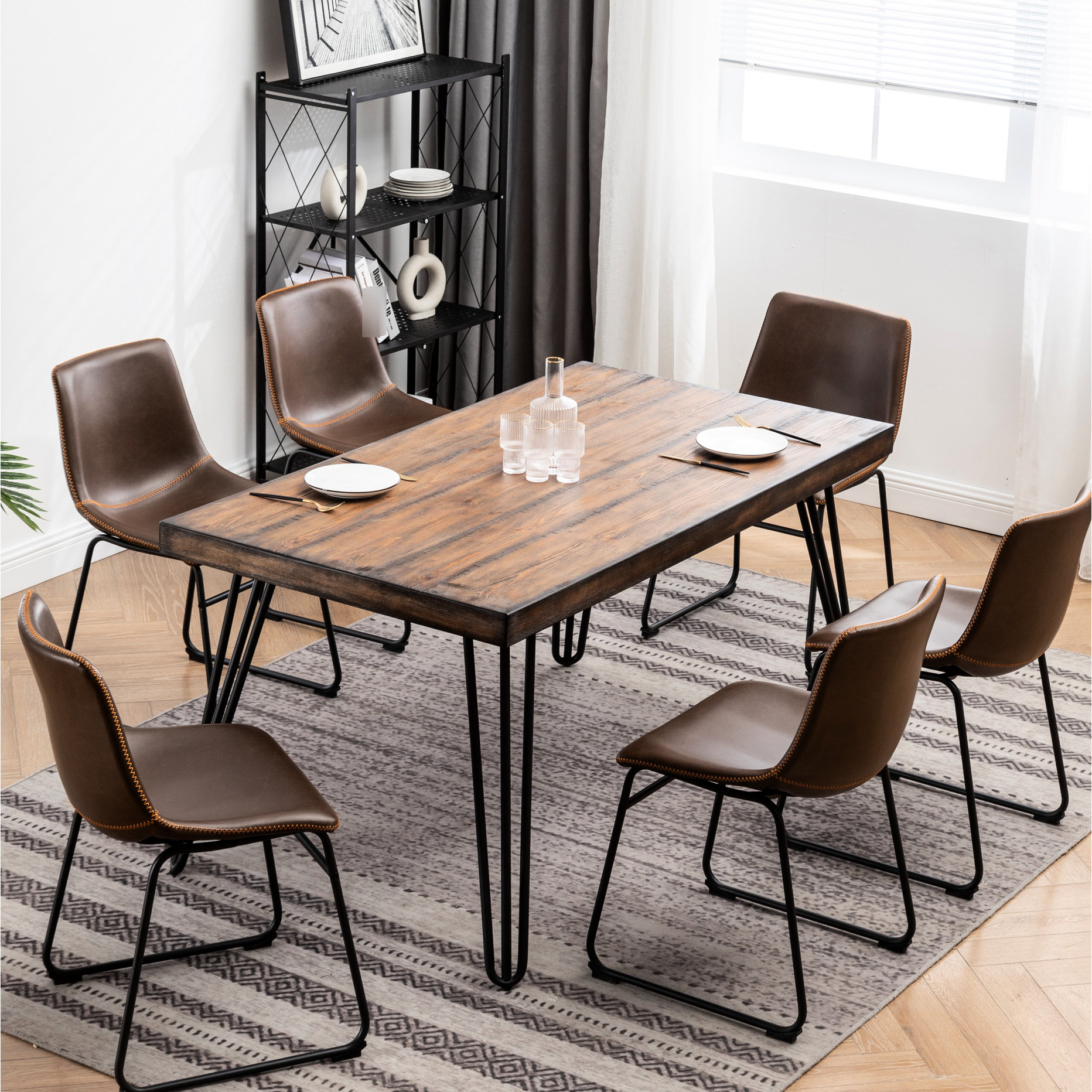 17 Stories Industrial 7 Dining - Rectangular Table With 6 Chairs, Metal ...