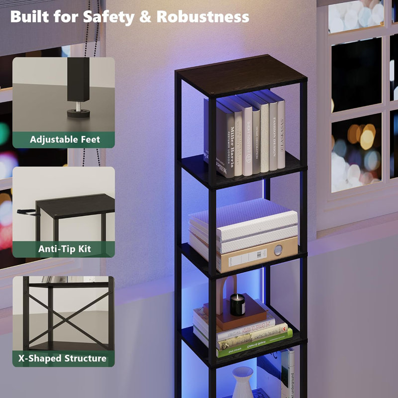 Ivy Bronx 6-Tier Bookshelf, Tall Narrow Bookcase with LED Lights, Book ...