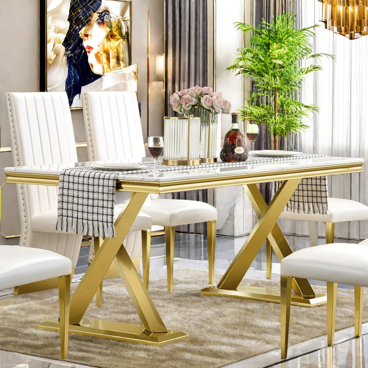 Mercer41 Herolind Faux Marble Top Metal Base Dining Table | Wayfair