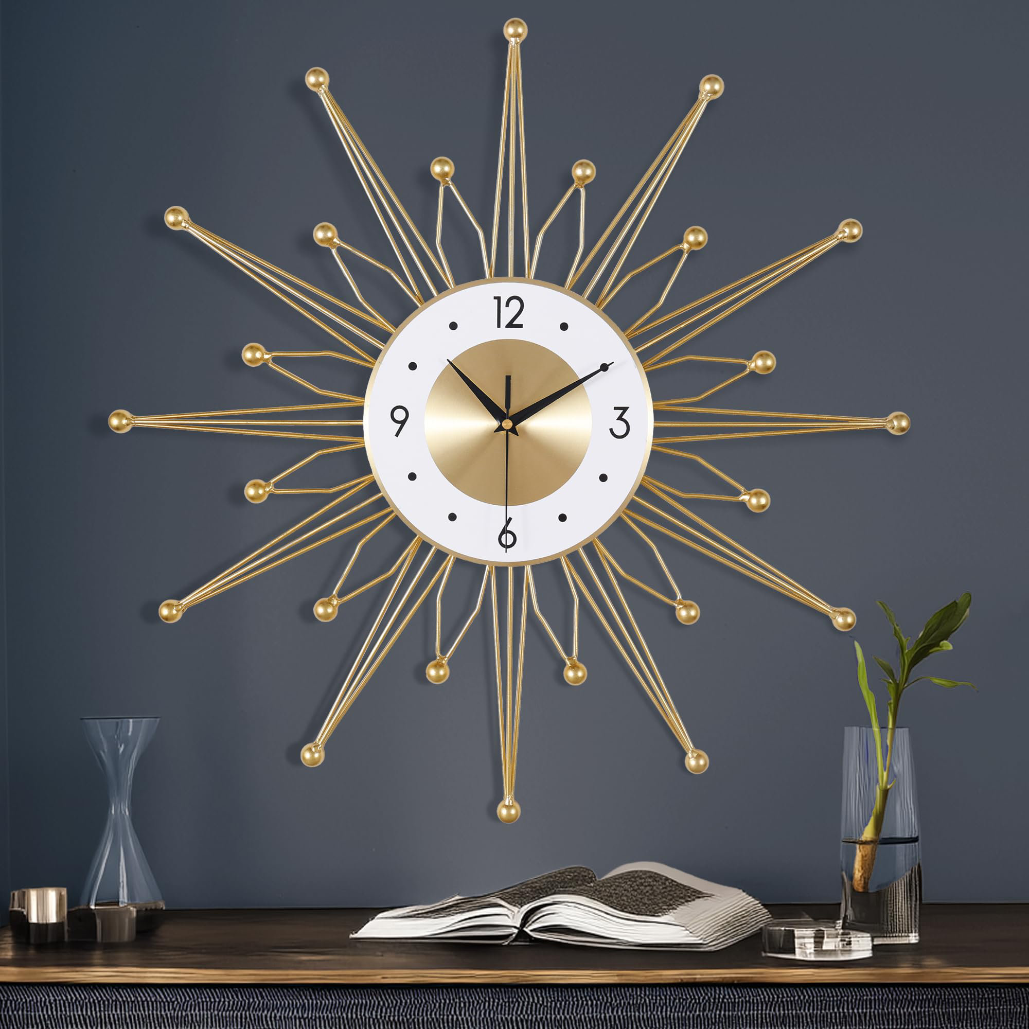 Mercer41 Metal Gold Starburst Wall Clock, Large Mid Century Modern Wall ...
