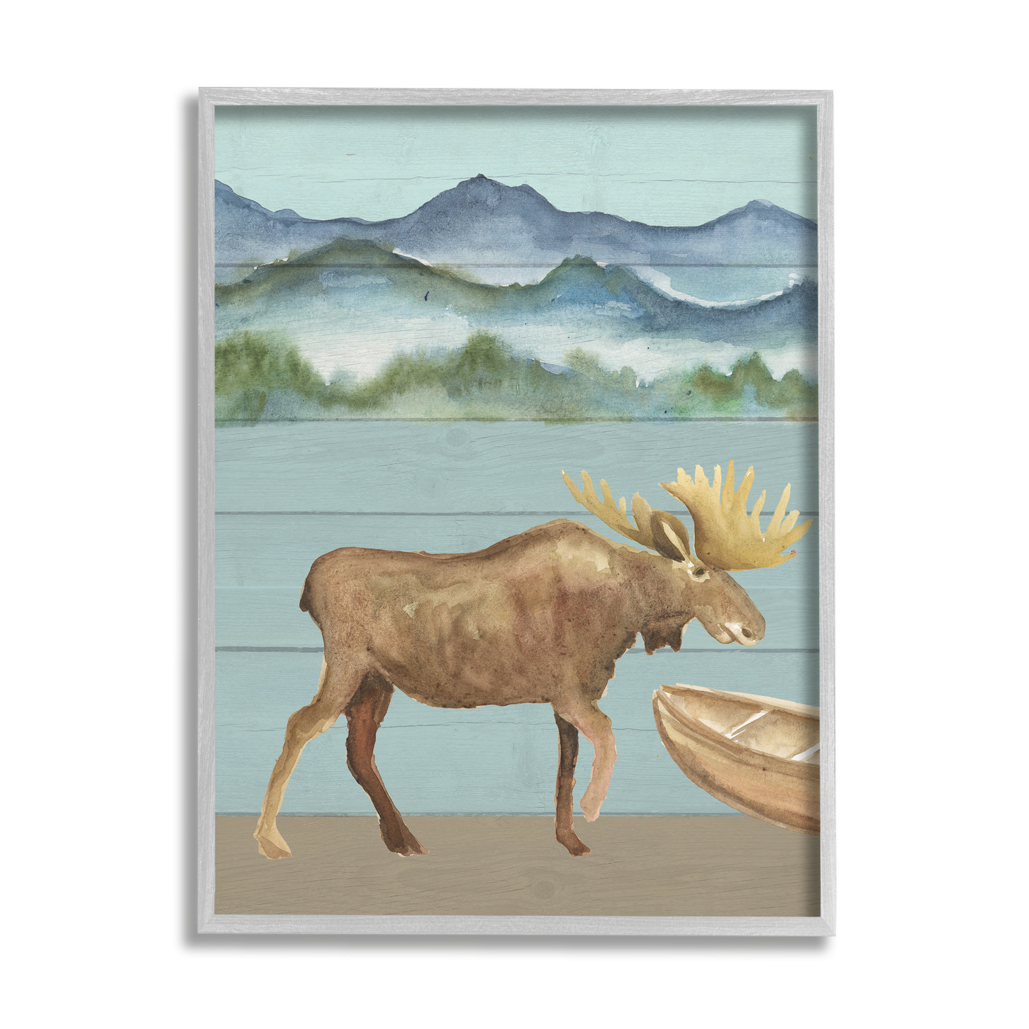Stupell Industries Rustic Moose At Lake On Wood by Corinne Haig Graphic ...