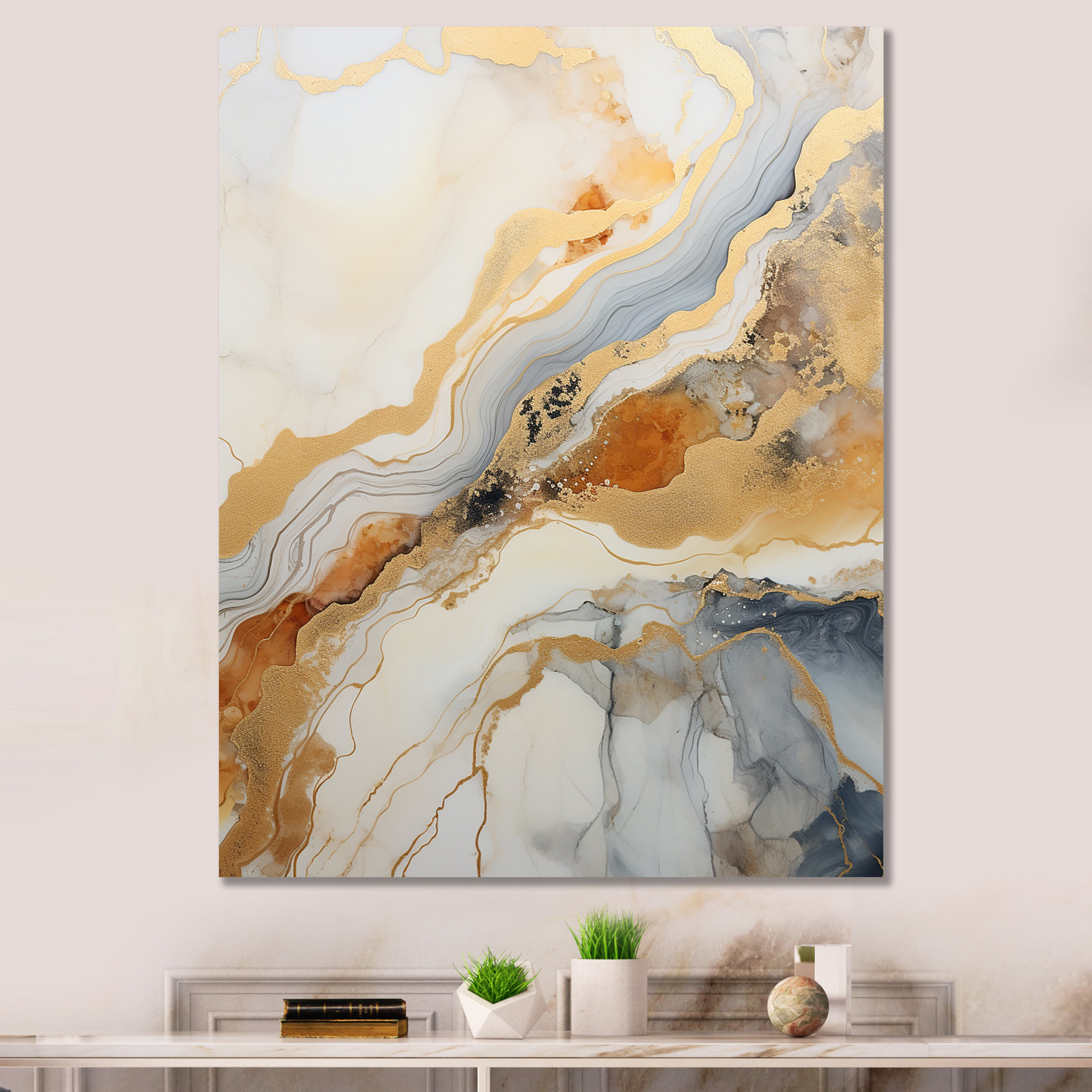 August Grove® Abstract Beige and Gold Geyser Paint - Print | Wayfair
