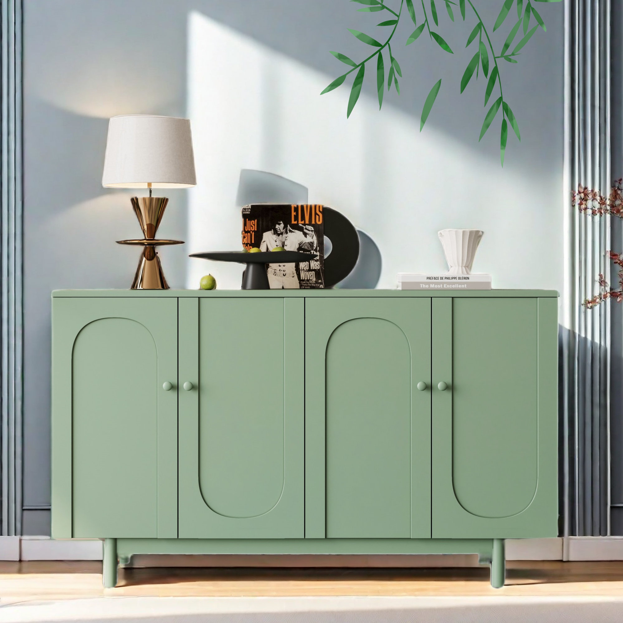 Ebern Designs Durl Functional 4-Door Intaglio Storage Cabinet with Pine Legs | Wayfair