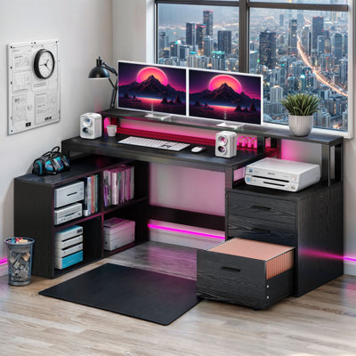 Balconera 65'' L Shaped Desk With Power Outlets, LED Lights & Monitor ...