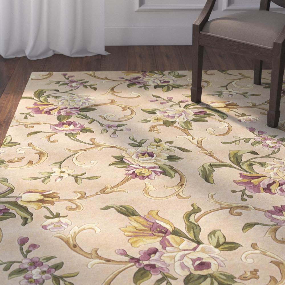 August Grove® Veronique Sofia Scroll Hand-Tufted Wool Beige Area Rug ...