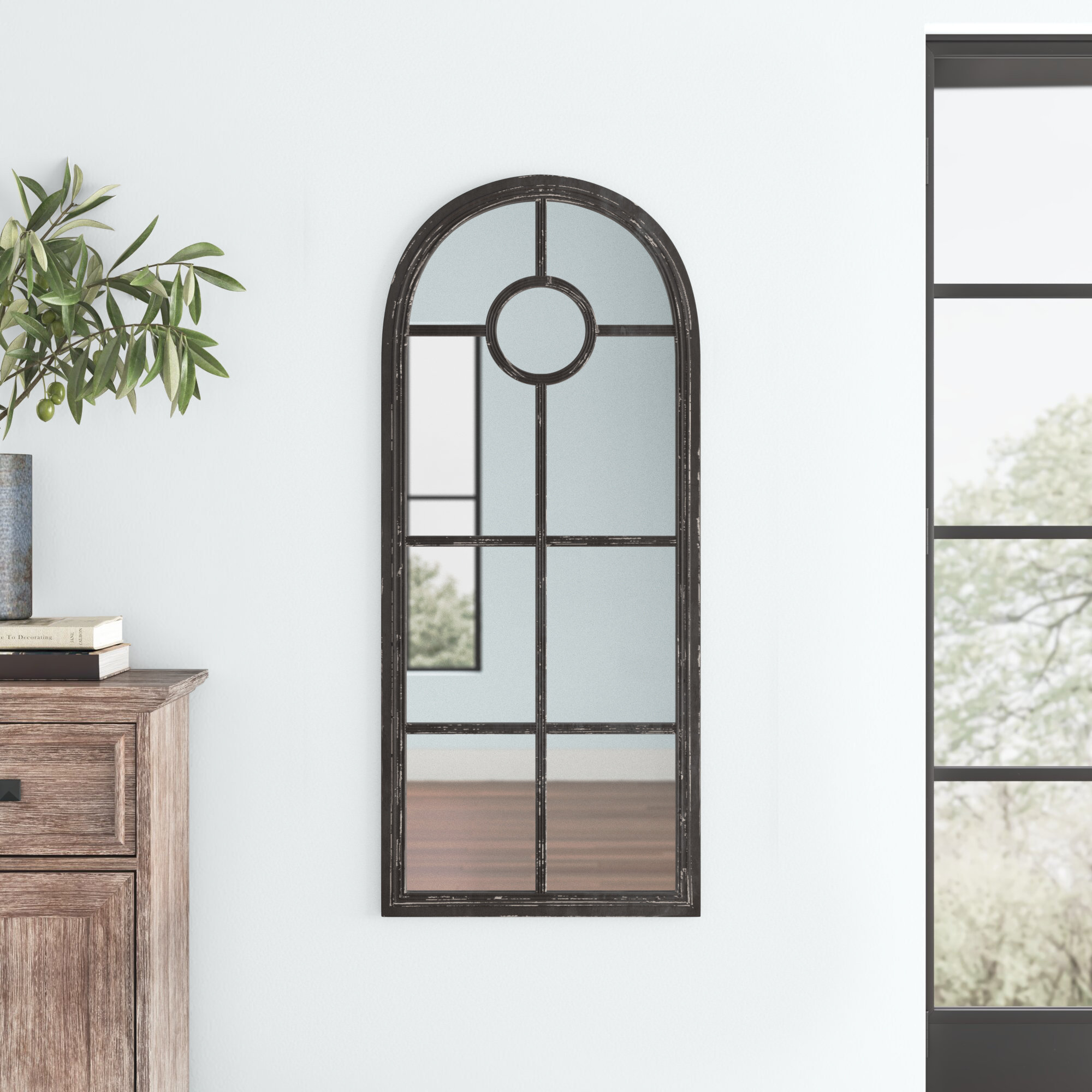 Three Posts Baber Distressed Arched Metal Wall Mirror with Window Pane ...
