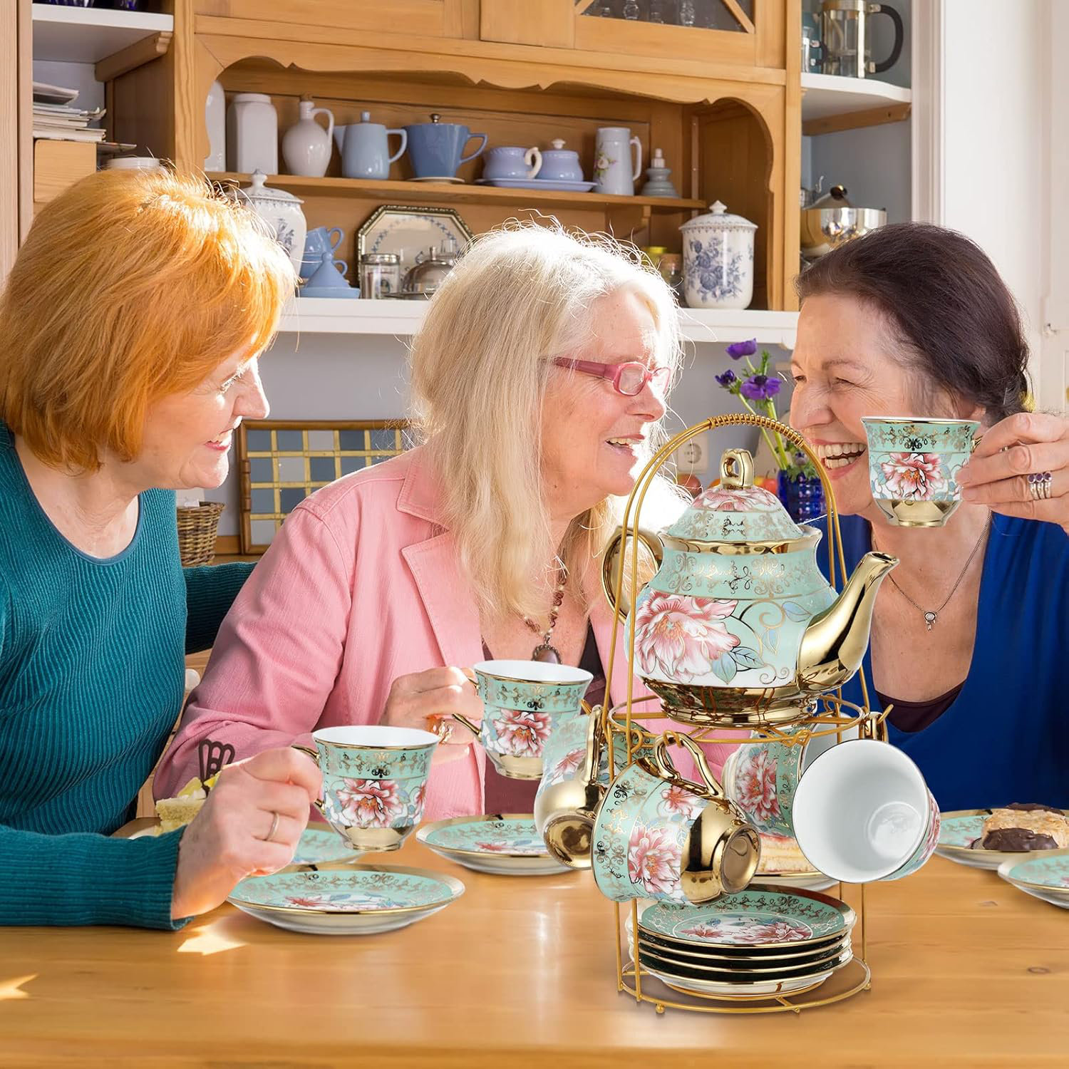 IMPIAR 20 Pcs Porcelain Tea Set With Metal Holder And Spoon Adult ...