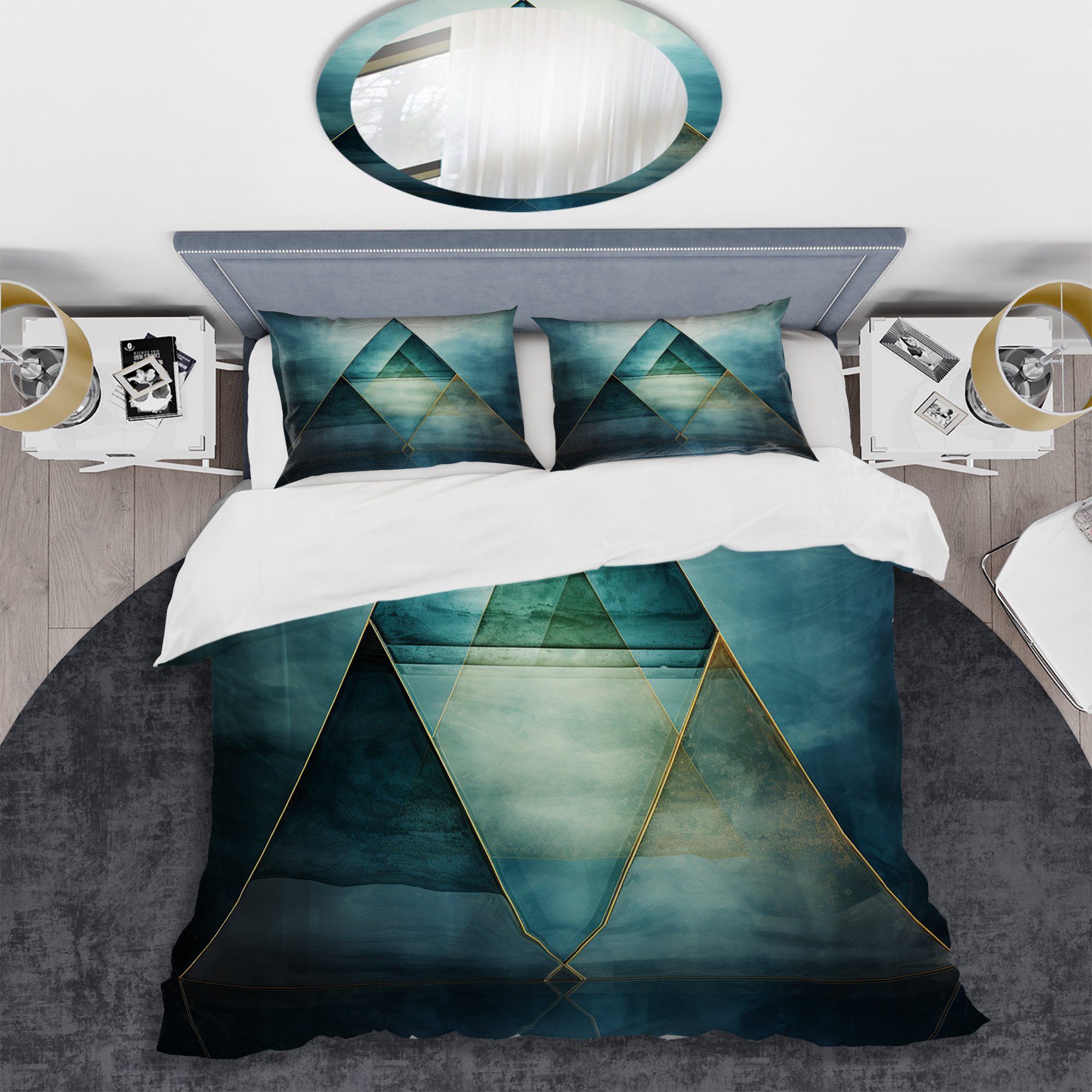 Design Art Emerald Blue Pyramid Shapes I - Abstract Modern Shapes Duvet ...