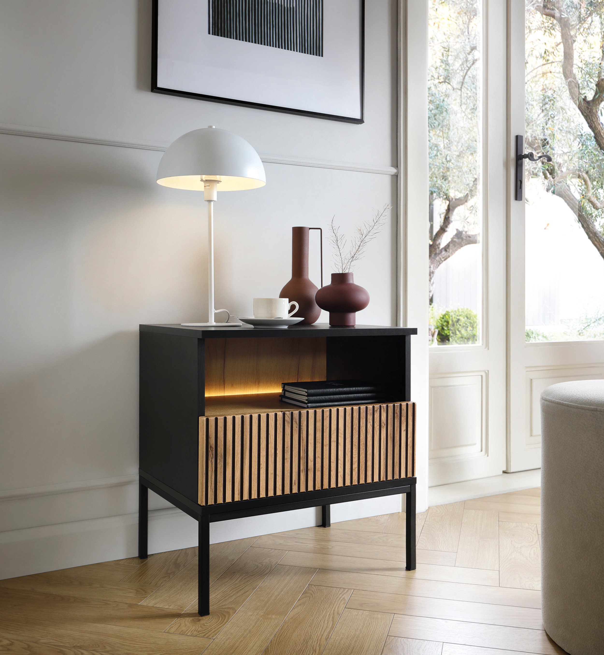 Metro Lane Cornellius Nightstand with Drawer and LED Lighting, 54 cm ...